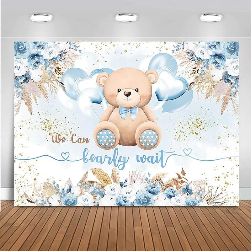 We Can Bearly Wait Baby Shower Backdrop for Boy Boho Blue Bear Baby ...