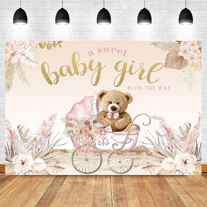 We Can Bearly Wait Backdrop Boho Bear Baby Shower Pink Floral Baby ...
