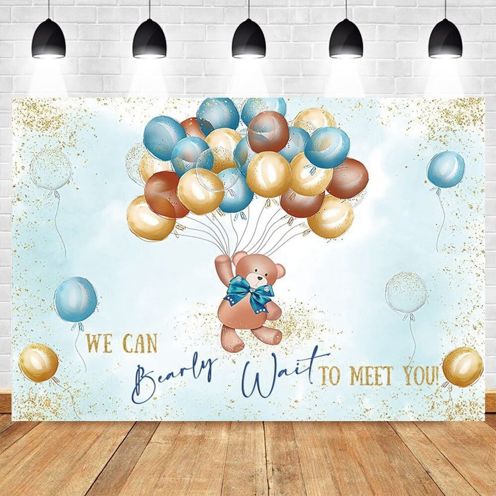 We Can Bearly Wait To Meet You Backdrop Decor Blue Bear Balloon Boy ...