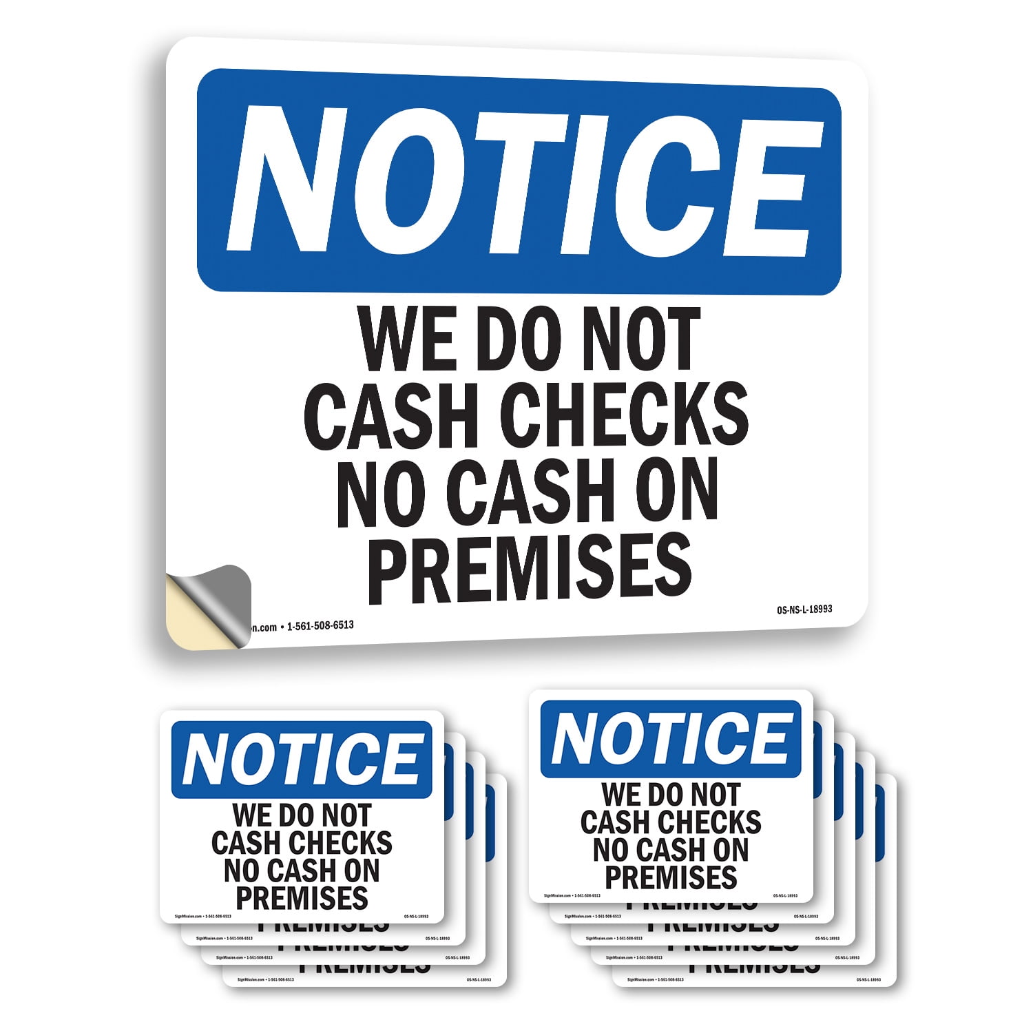 We Do Not Cash Checks No Cash On Premises OSHA Notice Vinyl Decal Label ...