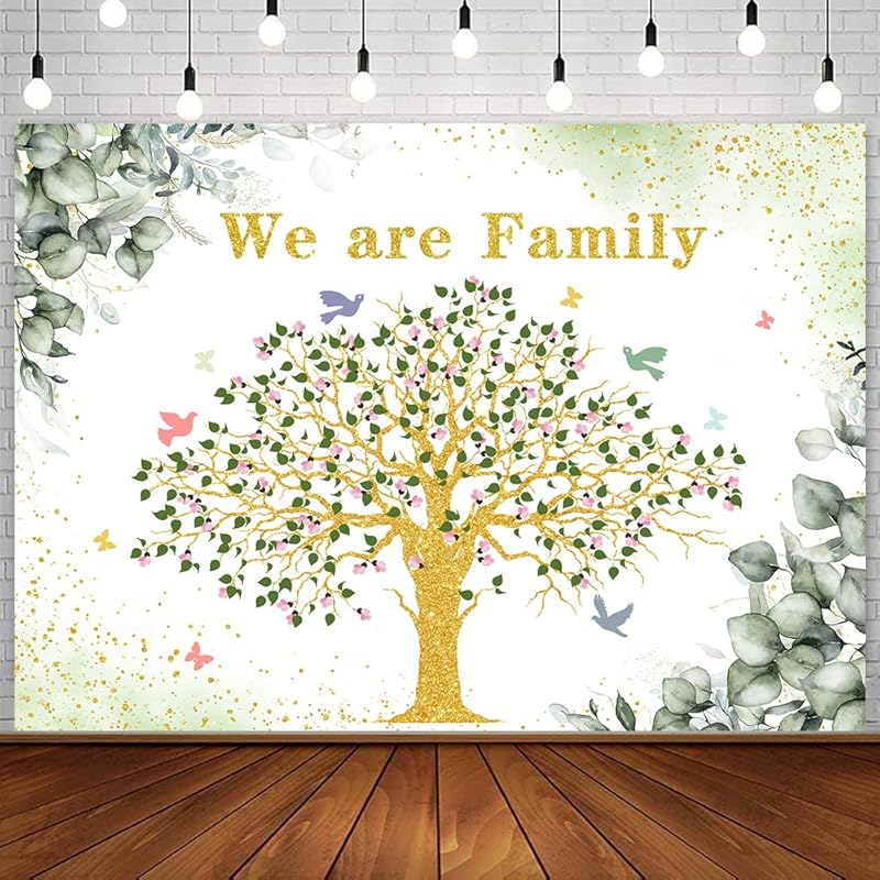 We are Family Reunion Photography Backdrop Gold Green Tree Eucalyptus ...