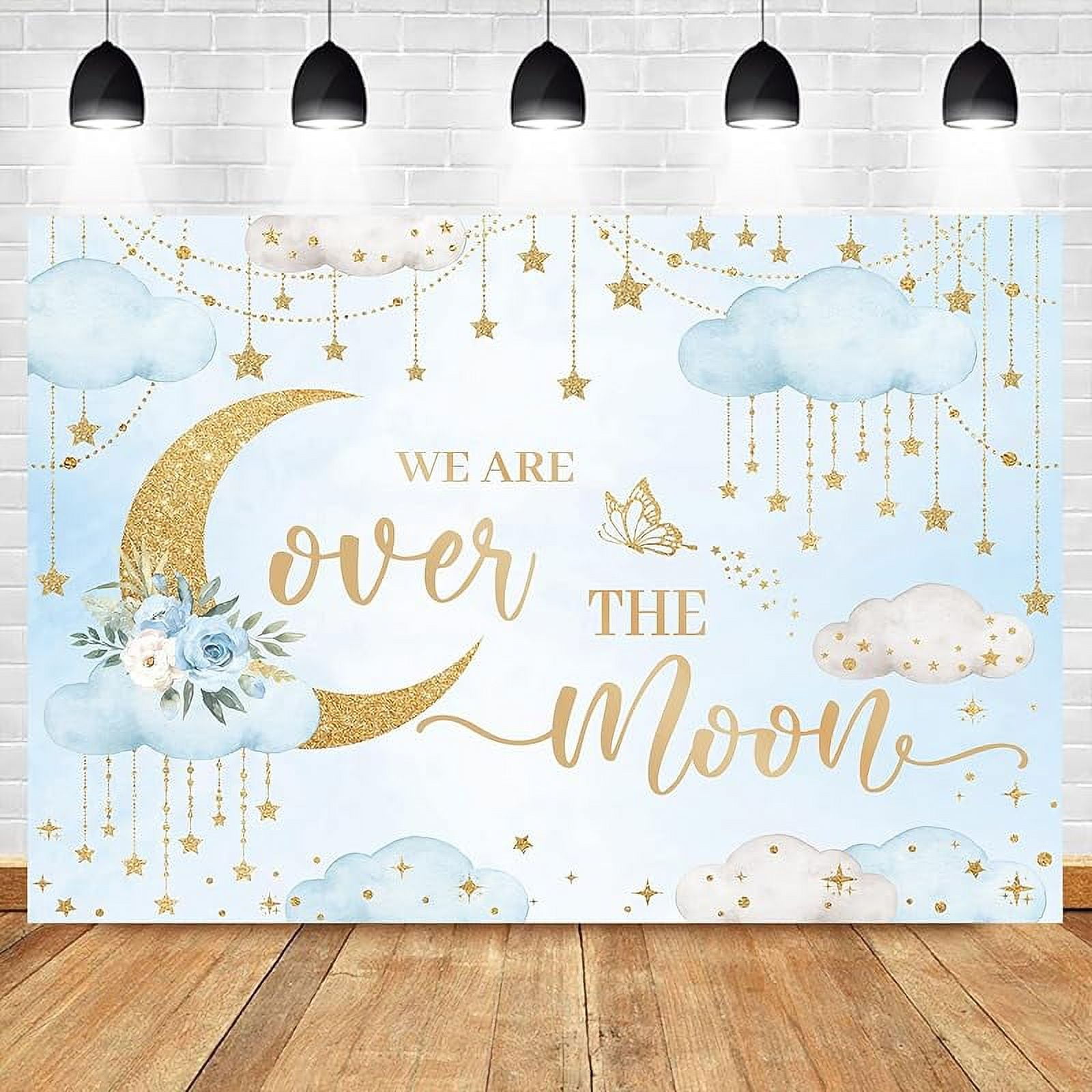 We are Over the Moon Backdrop Boys Baby Shower Blue Gold Watercolor ...