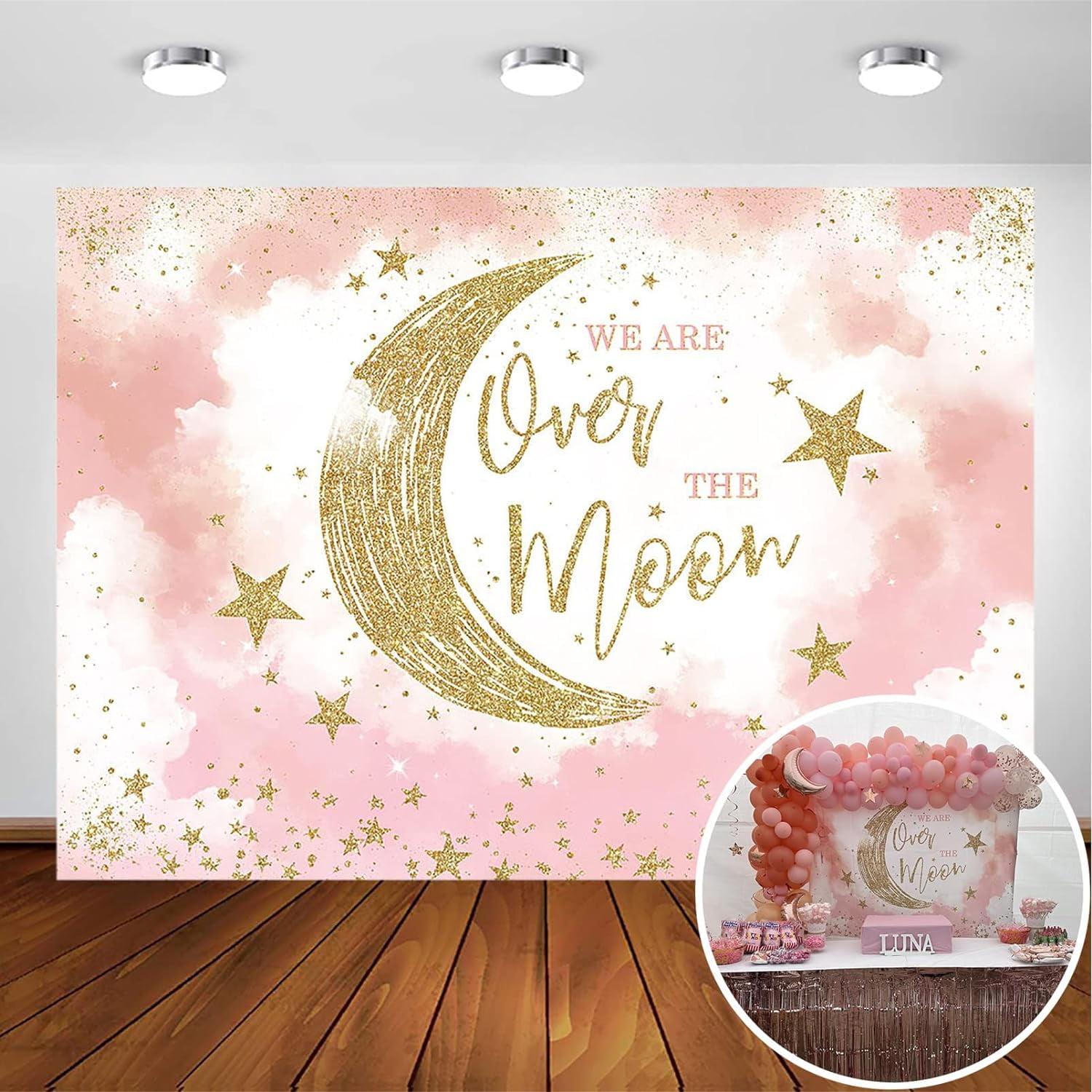 We are Over The Moon Baby Shower Backdrop for Girl's Galaxy Space Party ...