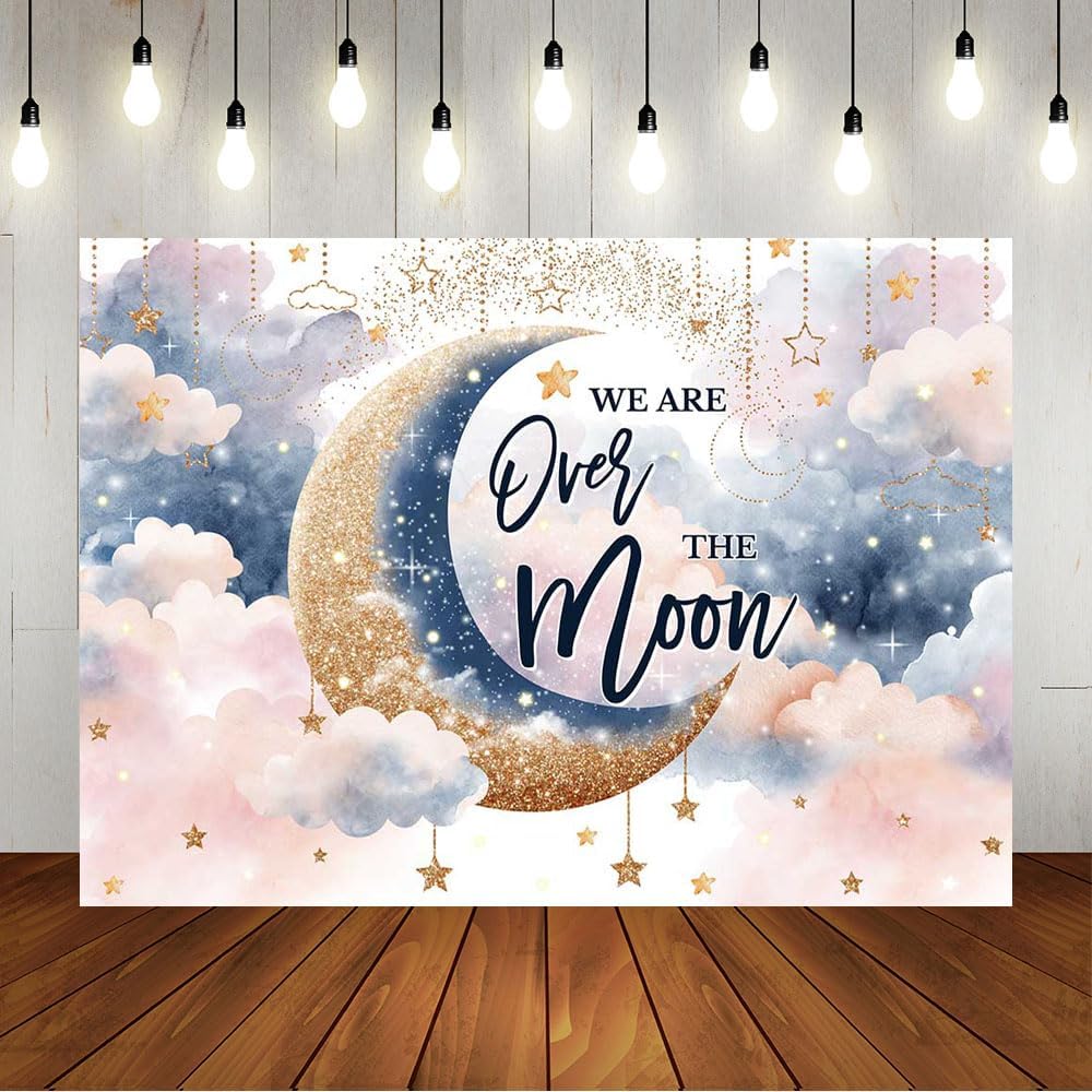 We are Over The Moon Baby Shower Backdrop Moon and Stars Starry Night ...