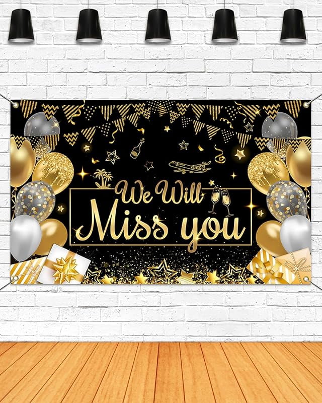 We Will Miss You Backdrop Banner Extra Large Black Gold Going Away ...