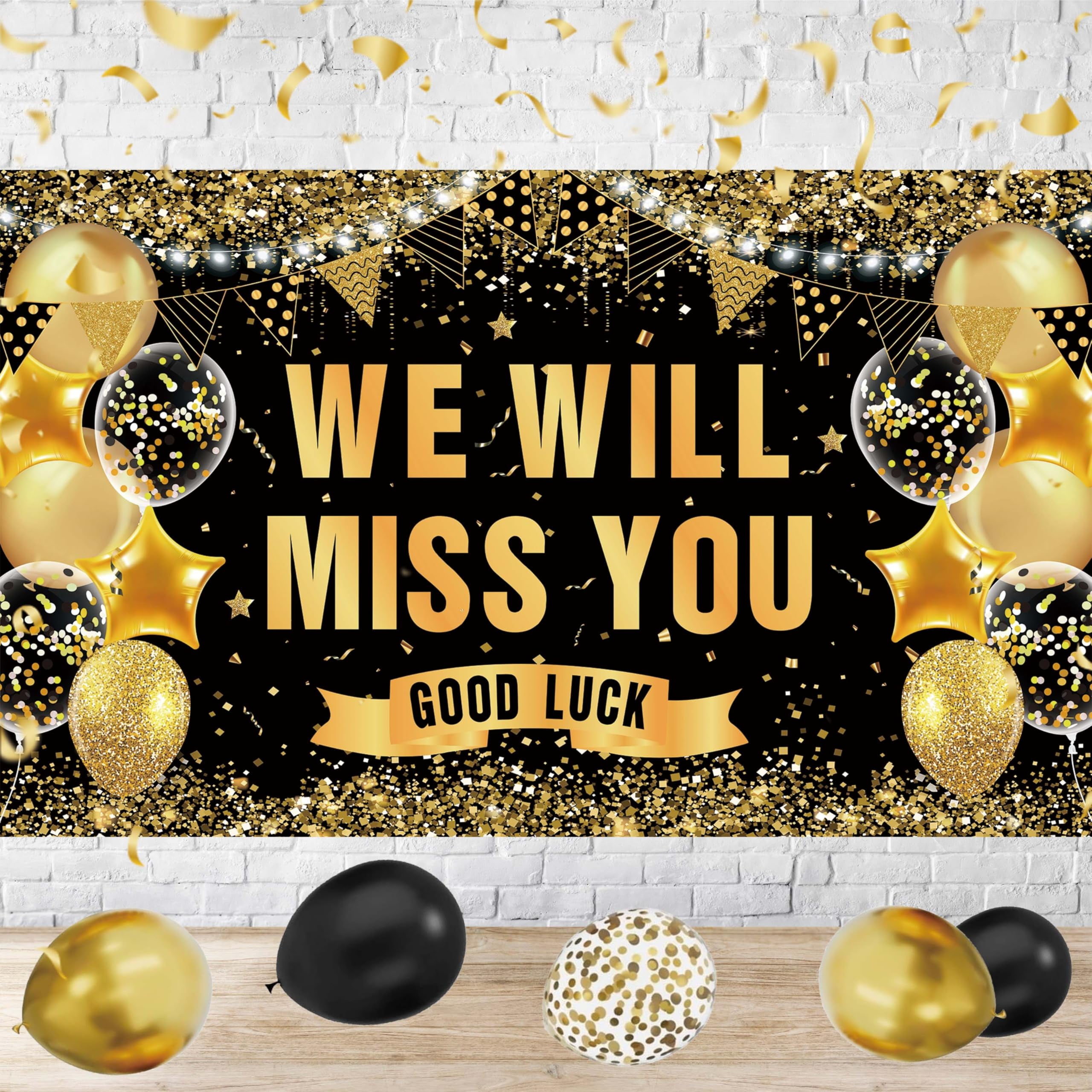 We Will Miss You Banner - Large 72.8" x 43.3" Black Gold Farewell Decorations for Moving Away ...