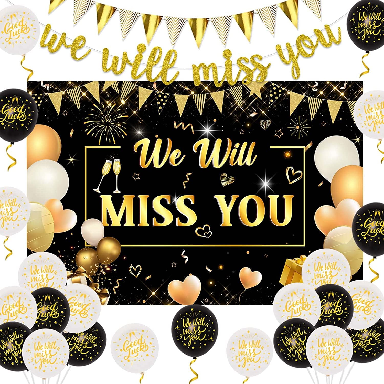 We Will Miss You Decorations Black and Gold We Will Miss You Backdrop Banner Good Luck Printed ...
