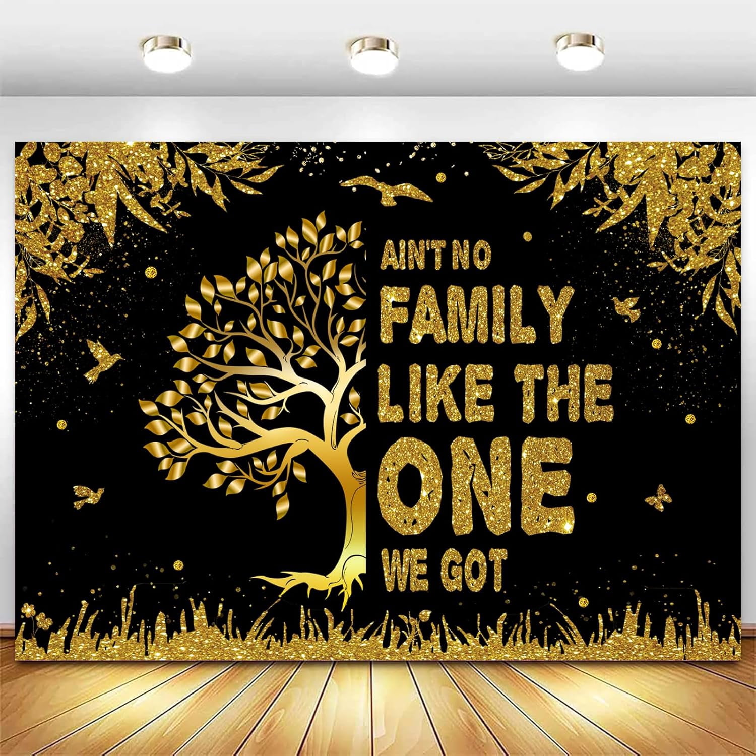 We are Family Reunion Backdrop Gold Black Family Tree Leaves Welcome ...