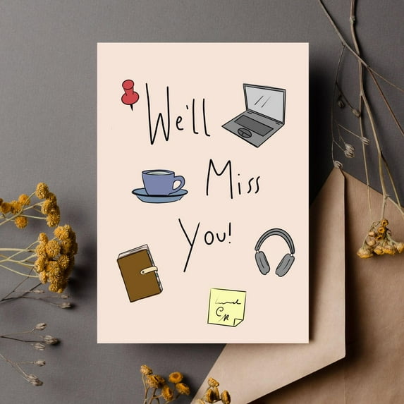 We’ll Miss You Card – Heartfelt Goodbye Card with Laptop, Coffee, and ...