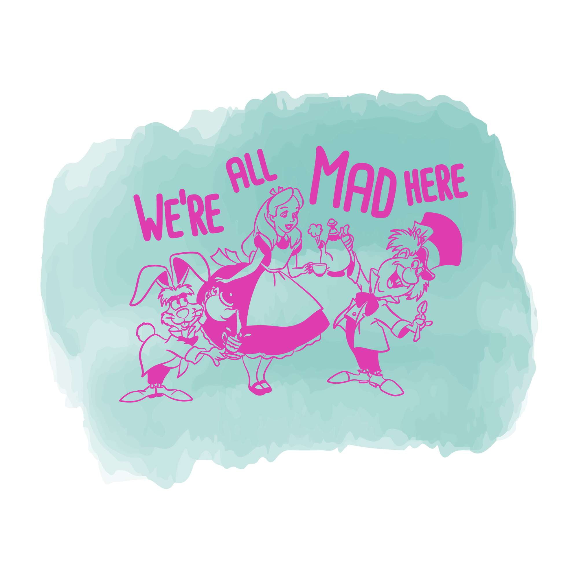 We're All Mad Here Cute Cartoon Characters Quote Watercolor Design Wall ...