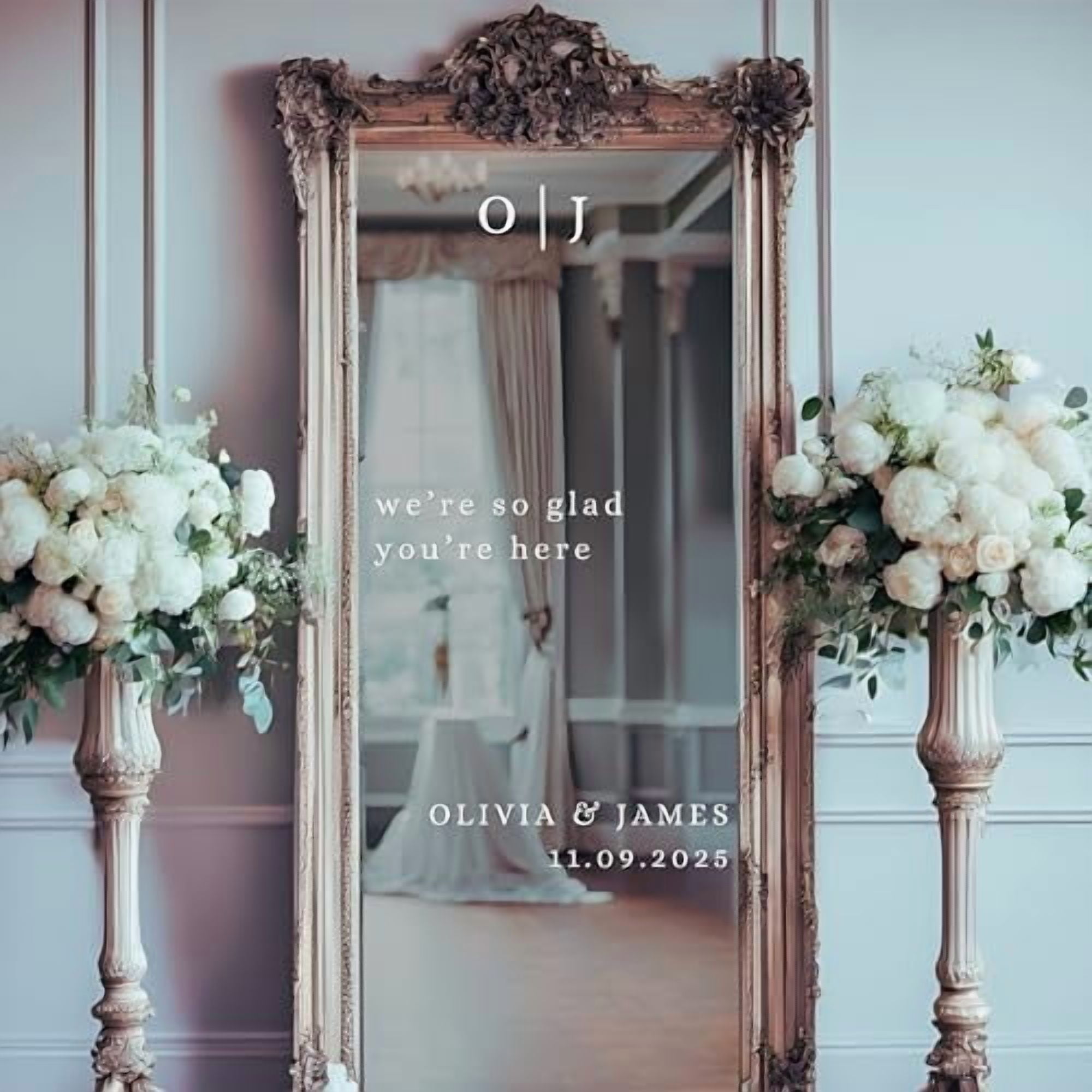 We’re so Glad You’re here/Customizable Wedding Mirror Vinyl Decal Sign ...