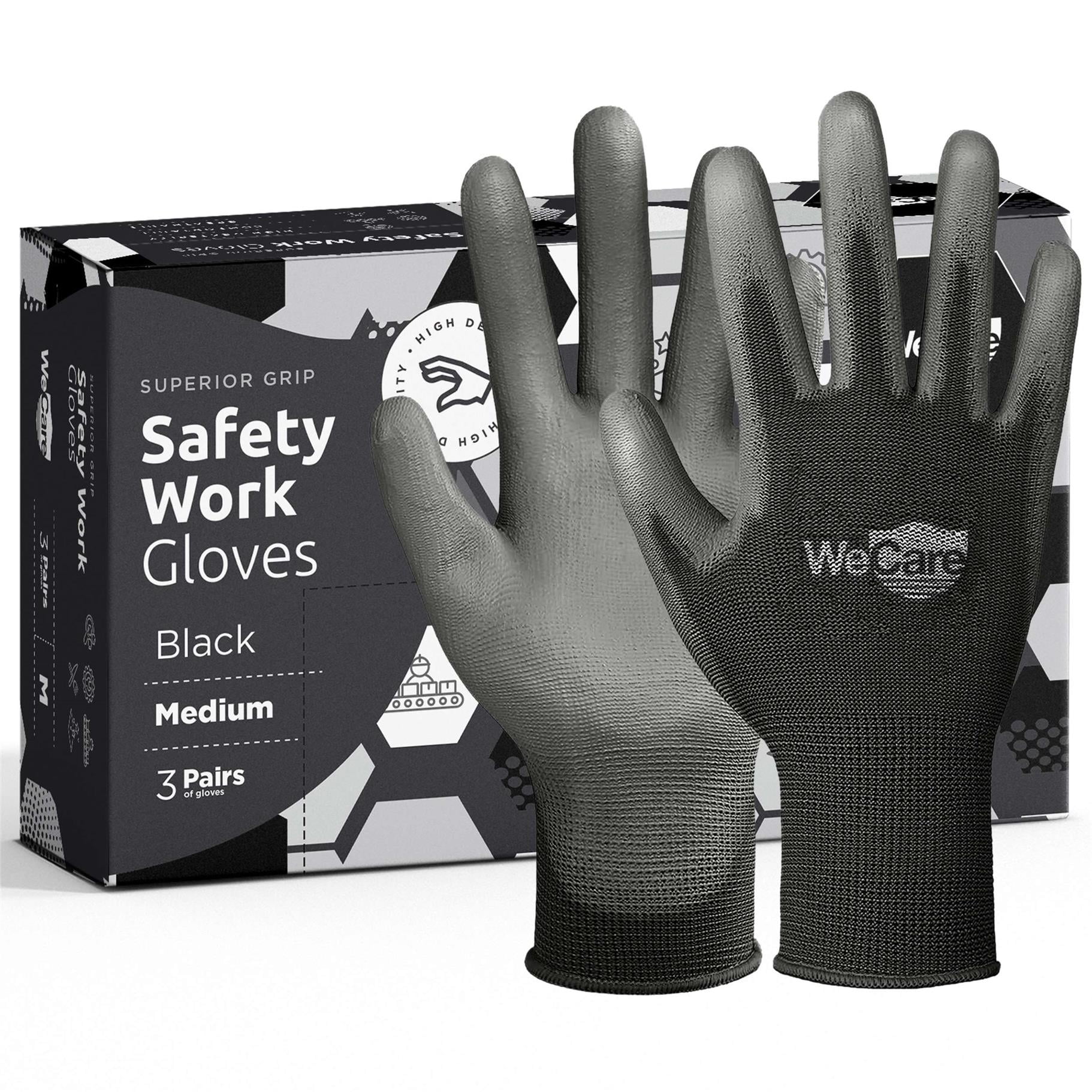 WeCare Safety Work Gloves PU Coated, Superior Grip (Medium) - 3-Pair ...