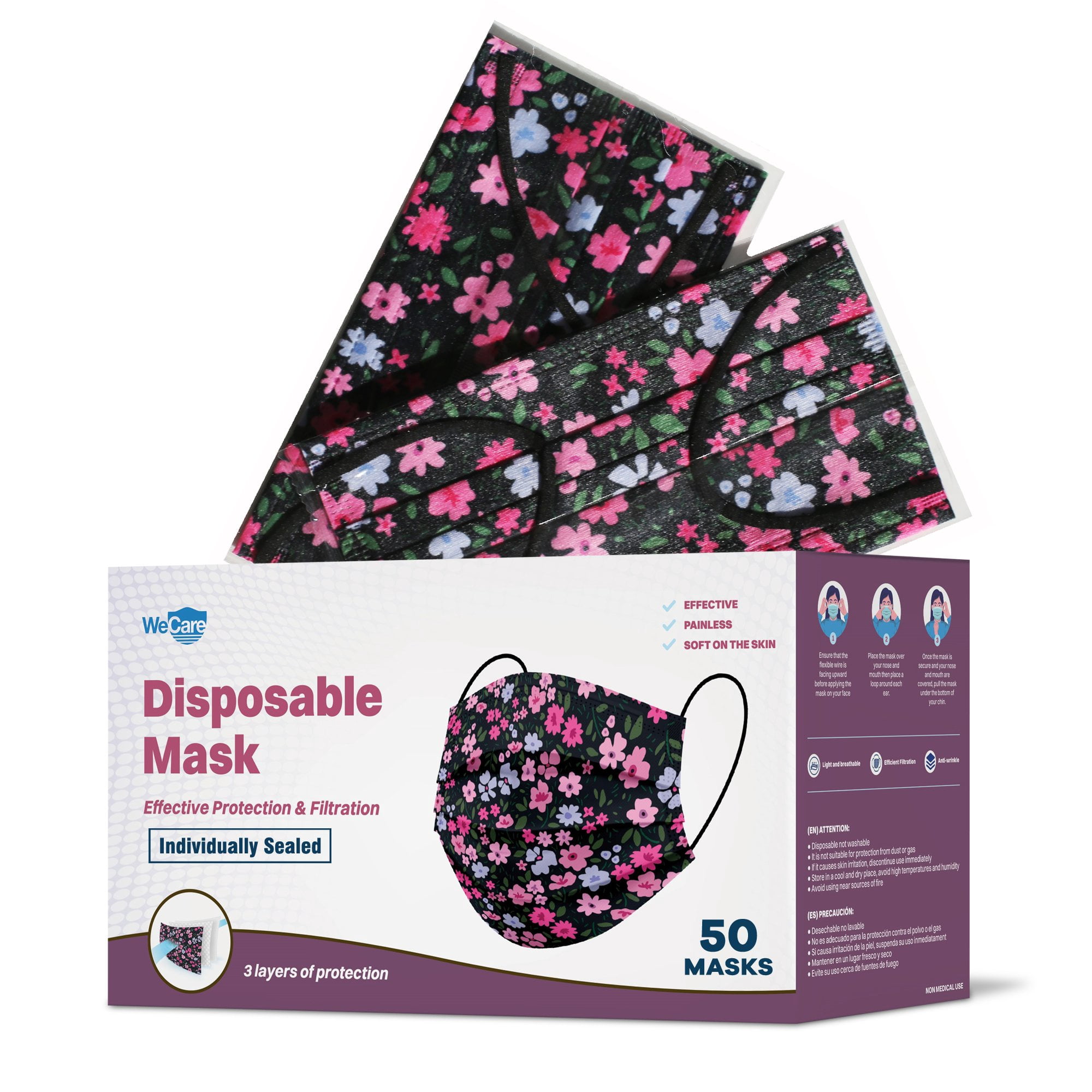 WeCare Disposable Face Mask, 3-Ply with Ear Loop (50 Pack Individually ...