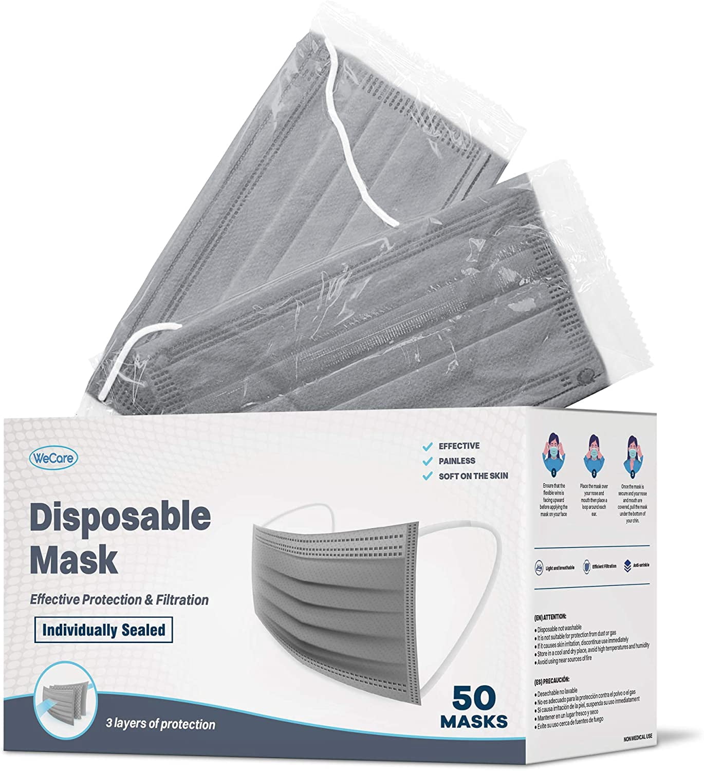 WeCare Face Masks - Box of 50, 3-Ply, Individually-Wrapped - Gray ...
