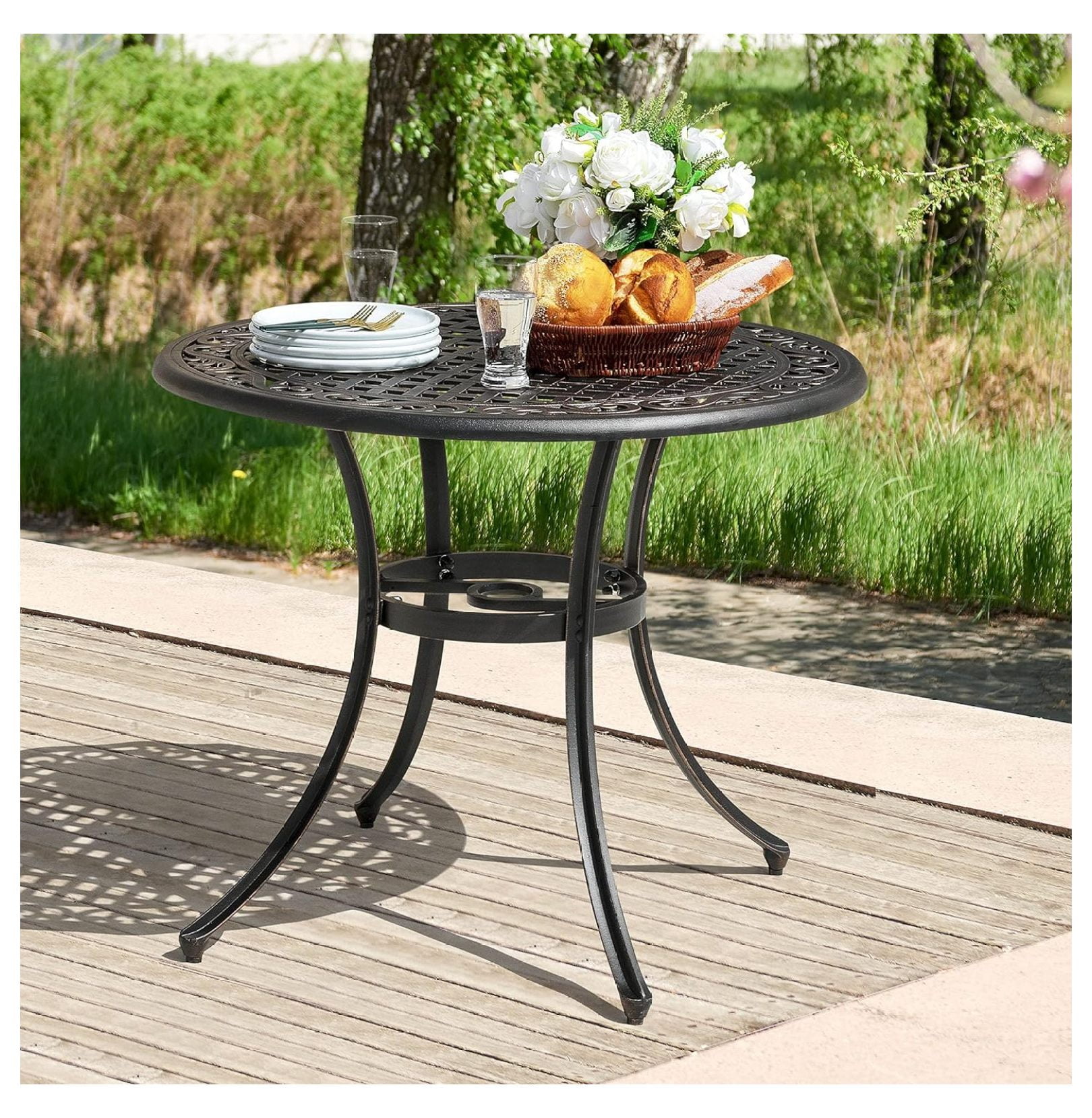 WeCcQuue 35" Round Patio Bistro Table, Cast Aluminum Round Outdoor ...