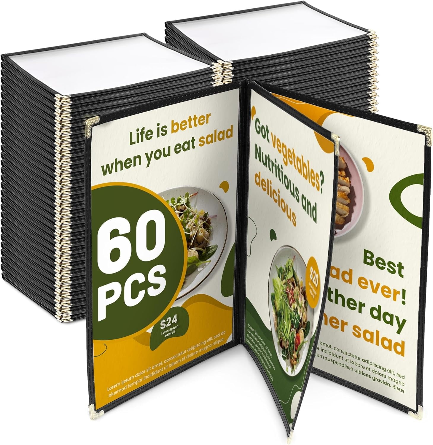 WeChef 60 Pack Restaurant Menu Covers 8.5 x 11inch Book Style 3 Pages 6 ...