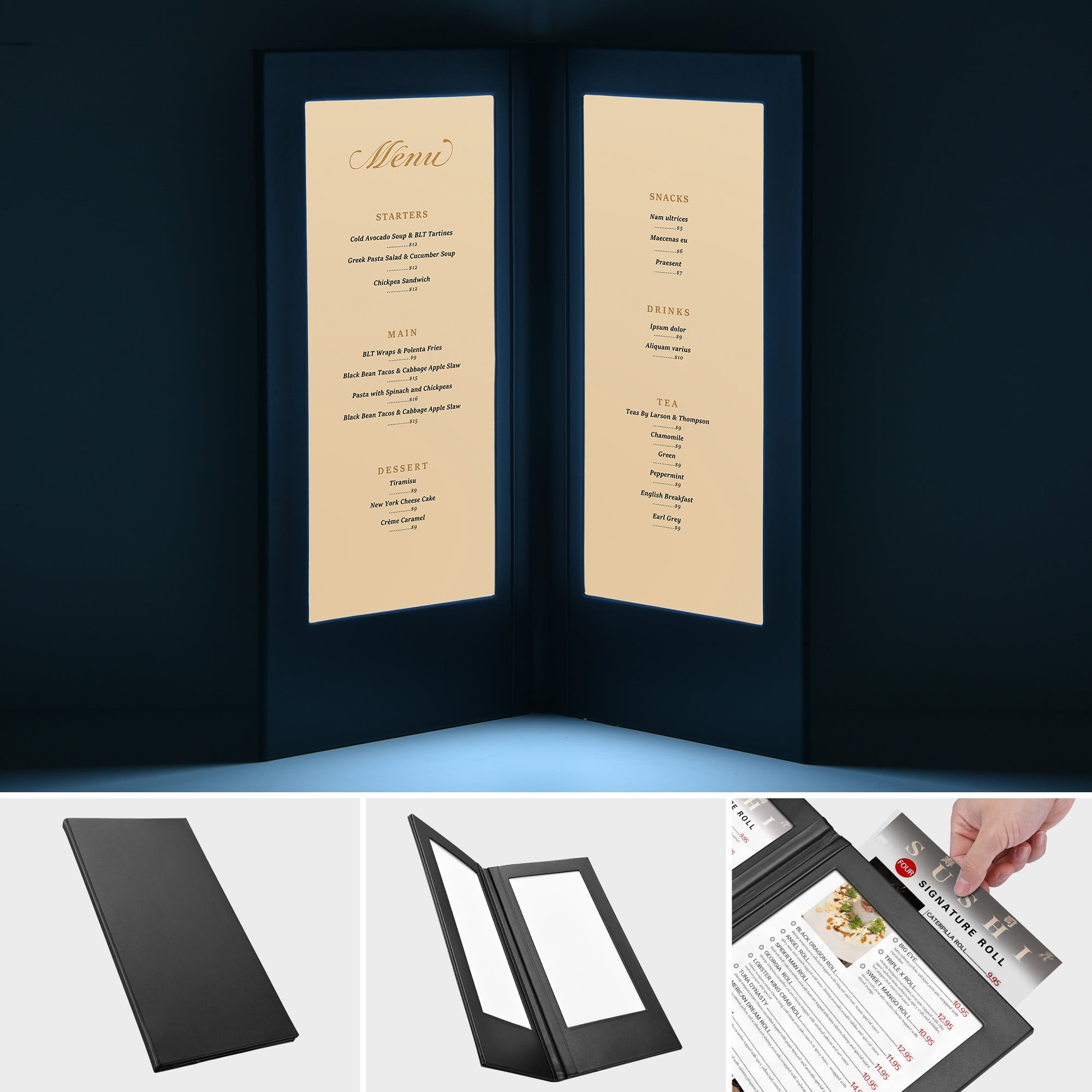 WeChef LED Back Lit Light Menu Holder Cover Folding Double Panel Fits 5 ...