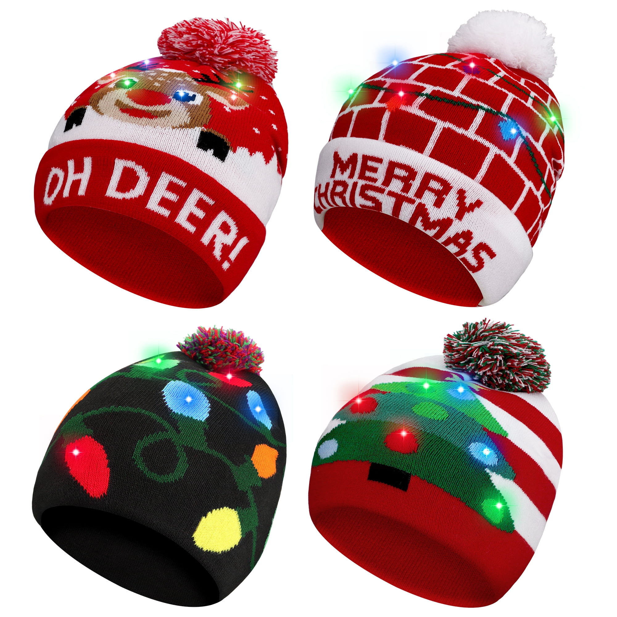 WeFlash 4 Pack Christmas LED Light-up Knitted Beanie Hat Colorful ...