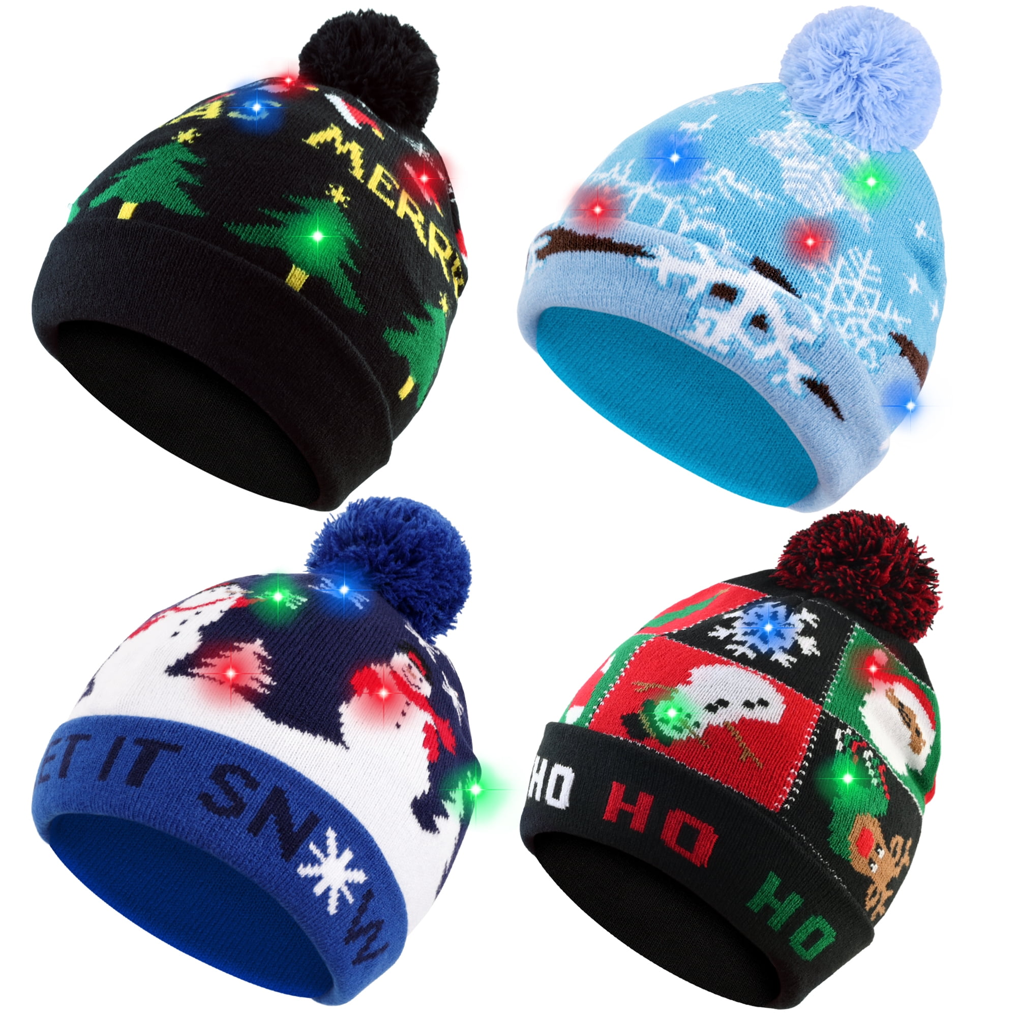 WeFlash 4 Pieces Christmas LED Knitted Light Up Hat Unisex Winter ...