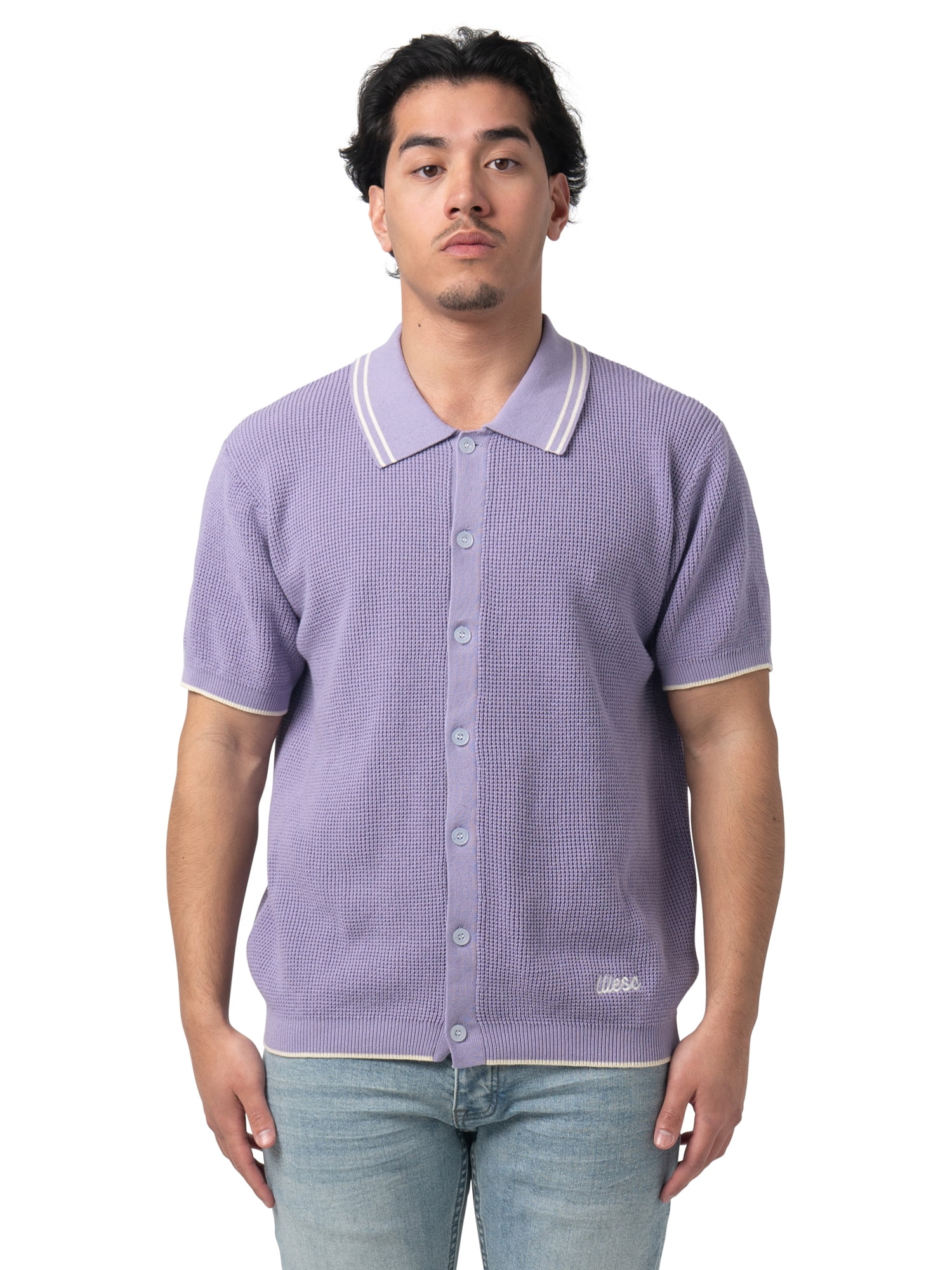 WeSC Men's Short Sleeve Contrast Collar Refined Sweater Polo Button ...