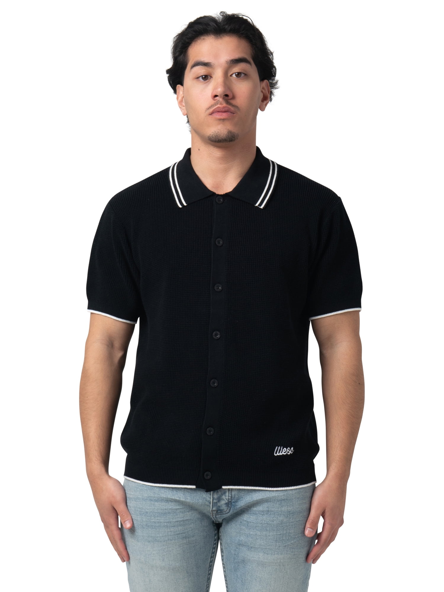 WeSC Men's Short Sleeve Contrast Collar Refined Sweater Polo Button ...