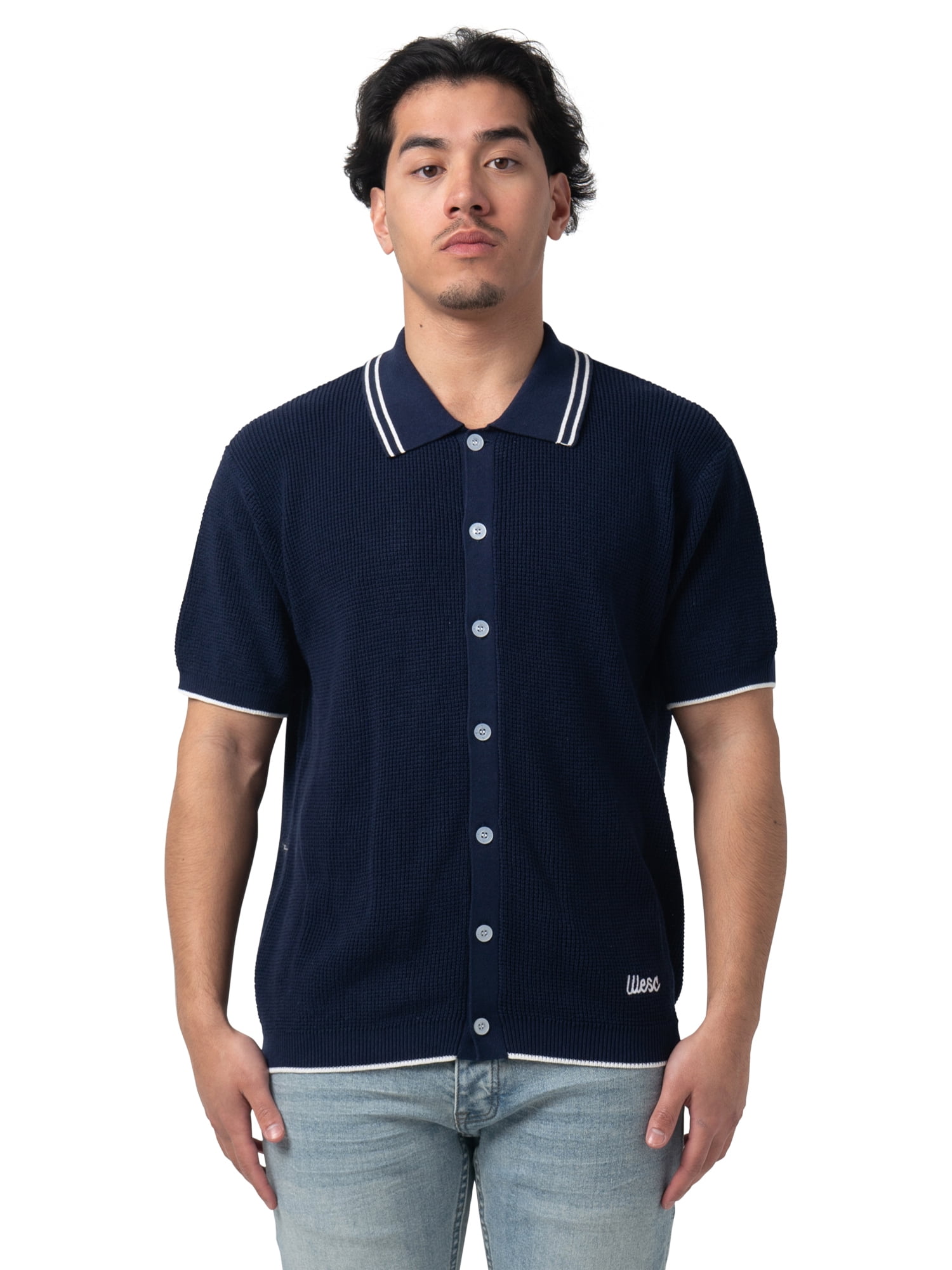 WeSC Men's Short Sleeve Contrast Collar Refined Sweater Polo Button ...
