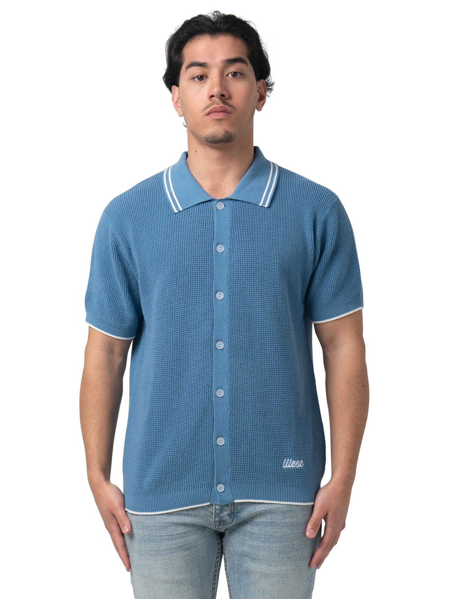 WeSC Men's Short Sleeve Contrast Collar Refined Sweater Polo Button ...