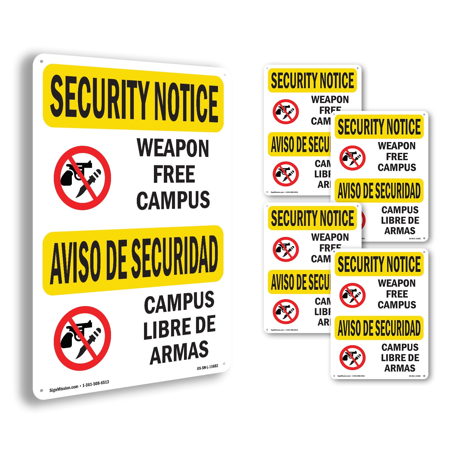 Weapon Free Campus Bilingual OSHA Security Notice Rigid Plastic Sign 24 ...