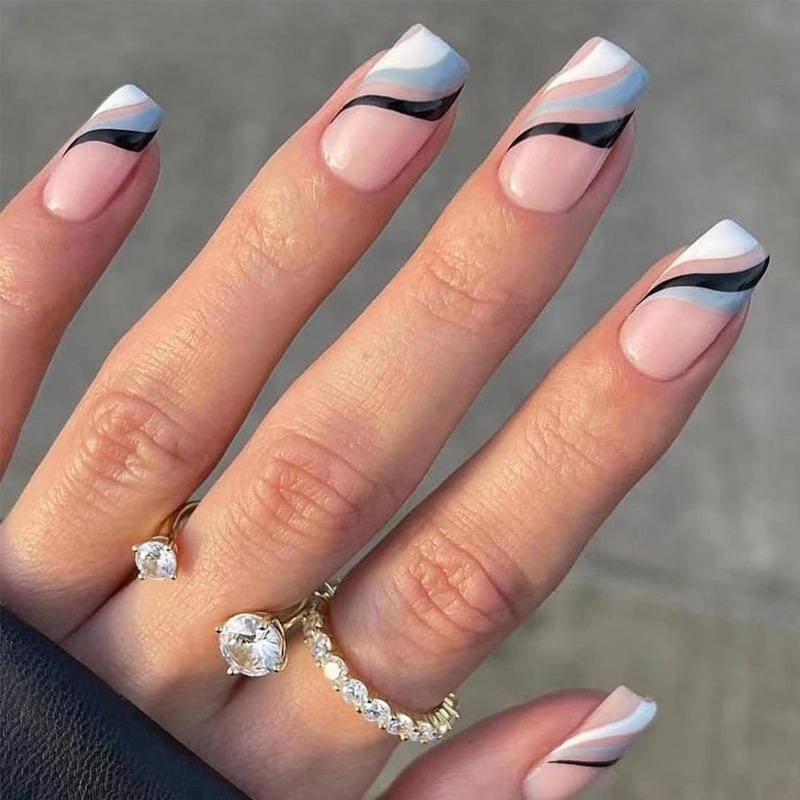 Wear Armor Water Ripple Color Matching French Lines Nail Tip Fake Nails ...