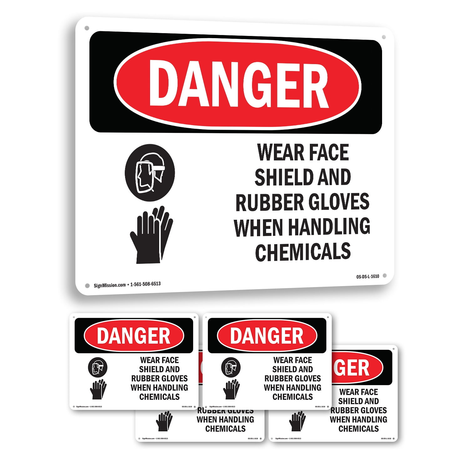 Wear Face Shield And Rubber Gloves Chemicals OSHA Danger Aluminum Sign ...