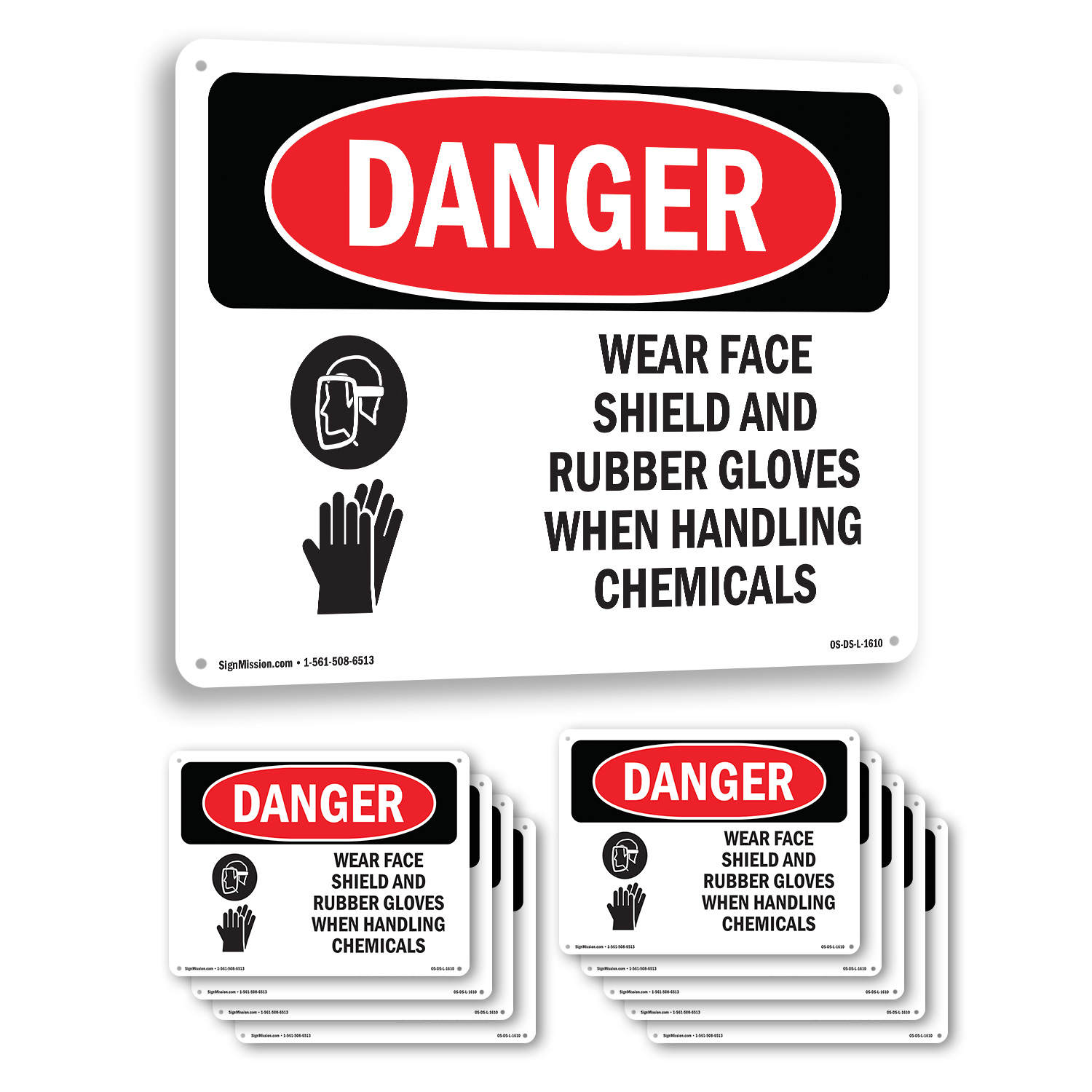 Wear Face Shield And Rubber Gloves Chemicals OSHA Danger Aluminum Sign ...