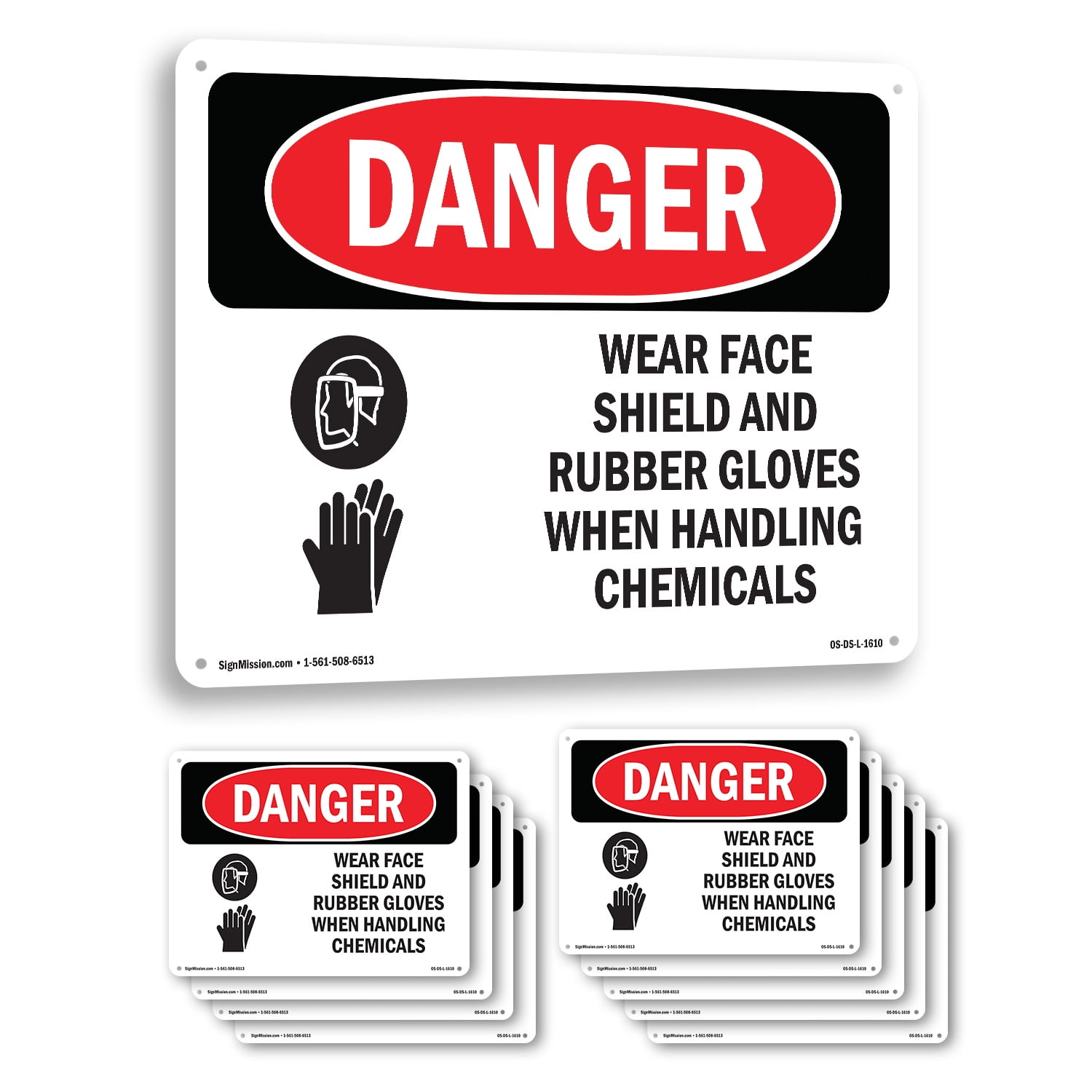 Wear Face Shield And Rubber Gloves Chemicals OSHA Danger Rigid Plastic ...