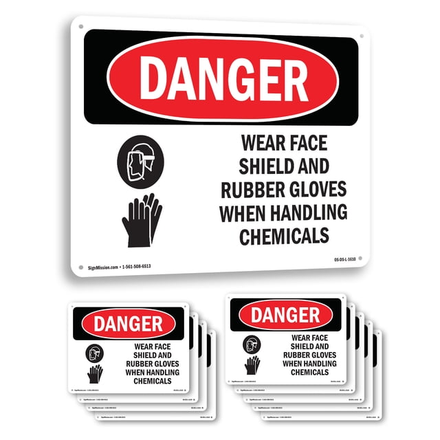Wear Face Shield And Rubber Gloves Chemicals OSHA Danger Rigid Plastic ...