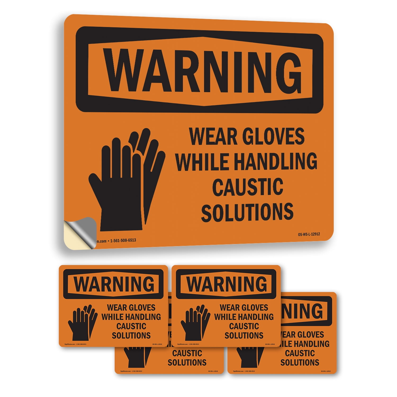 Wear Gloves Handling Caustic Solutions OSHA WARNING Vinyl Decal Label ...