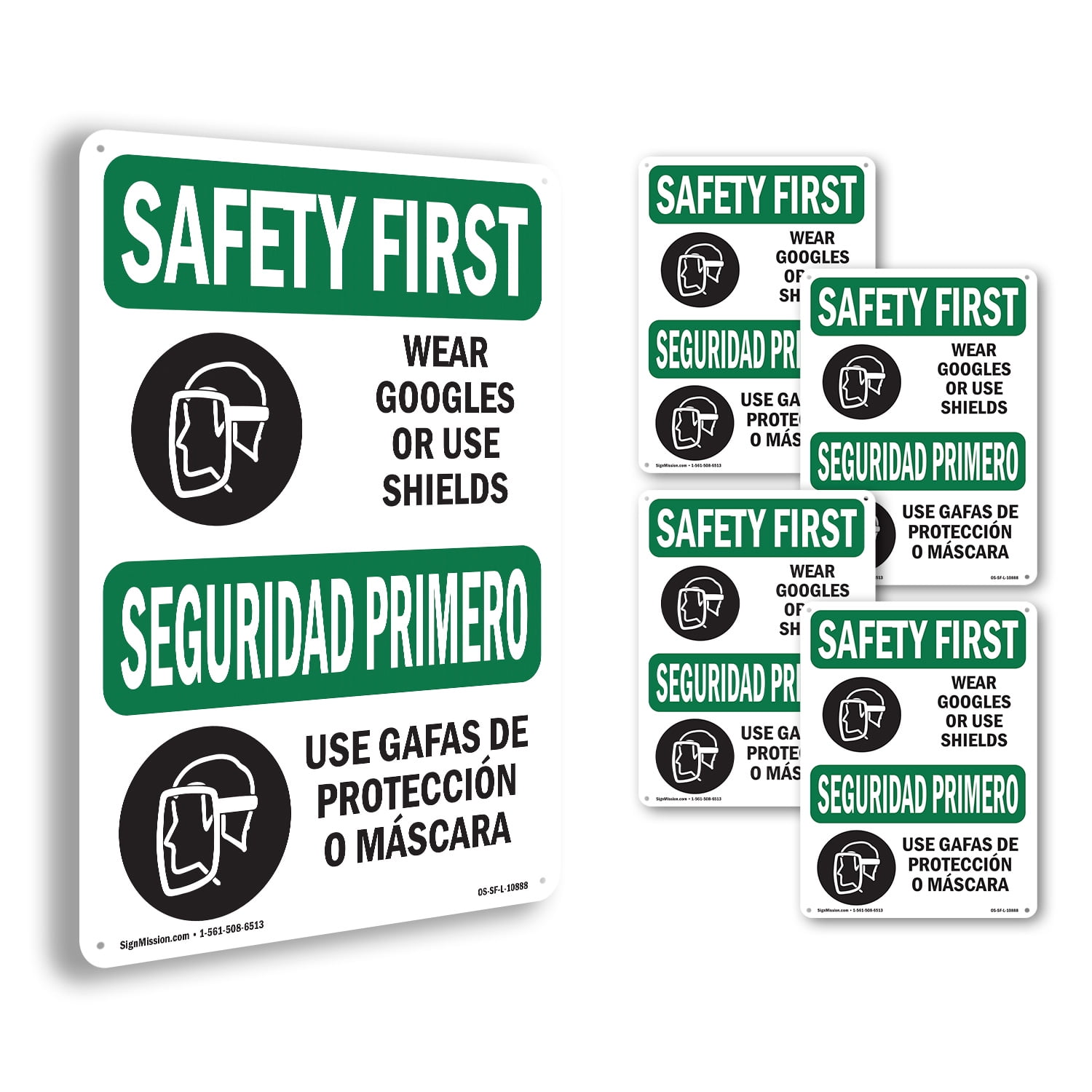 Wear Goggles Face Shield Bilingual OSHA SAFETY FIRST Aluminum Sign 10 ...