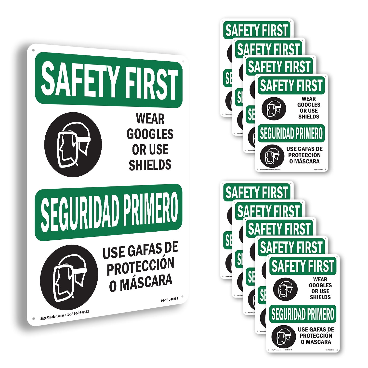 Wear Goggles Face Shield Bilingual OSHA SAFETY FIRST Rigid Plastic Sign ...