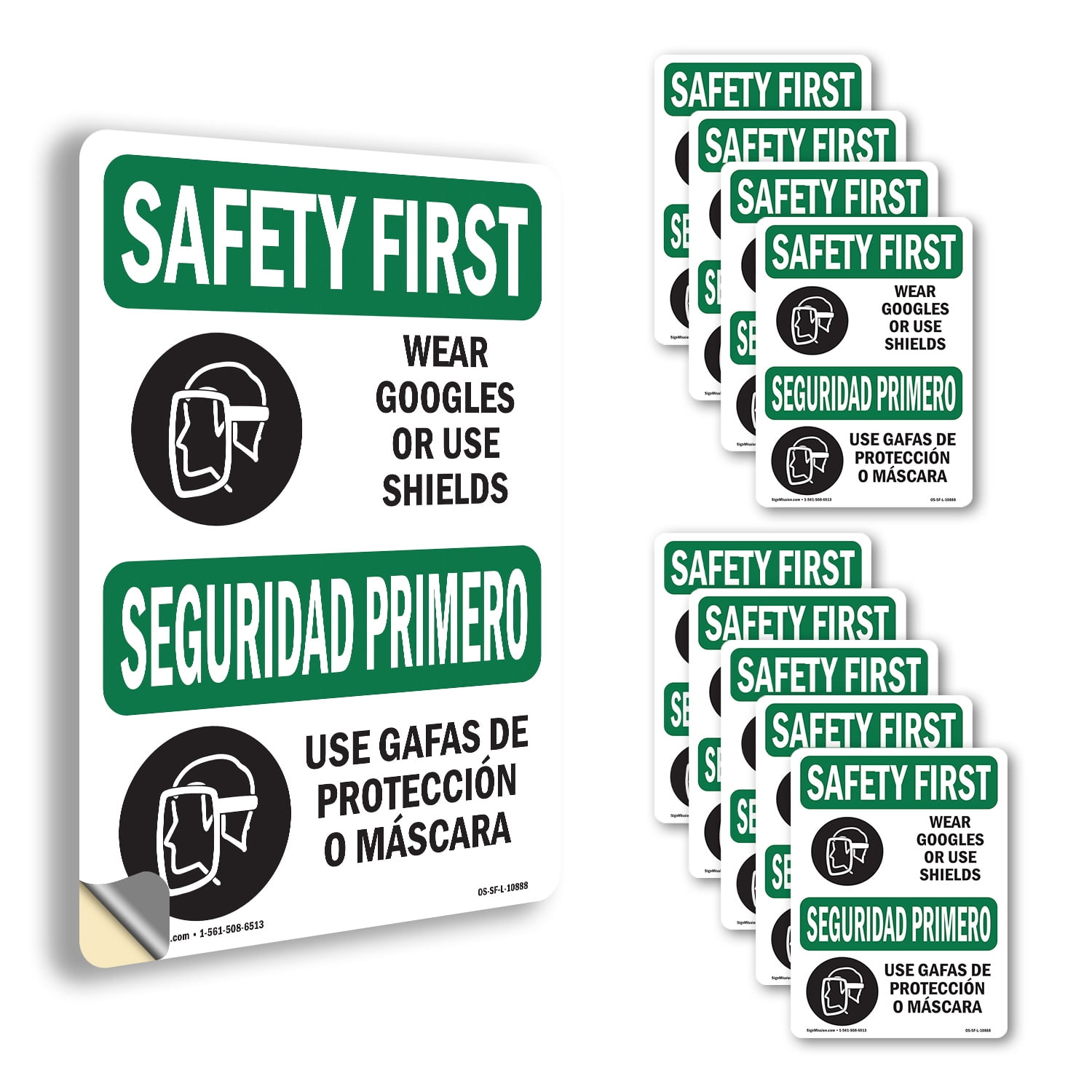 Wear Goggles Face Shield Bilingual OSHA SAFETY FIRST Vinyl Decal Label ...