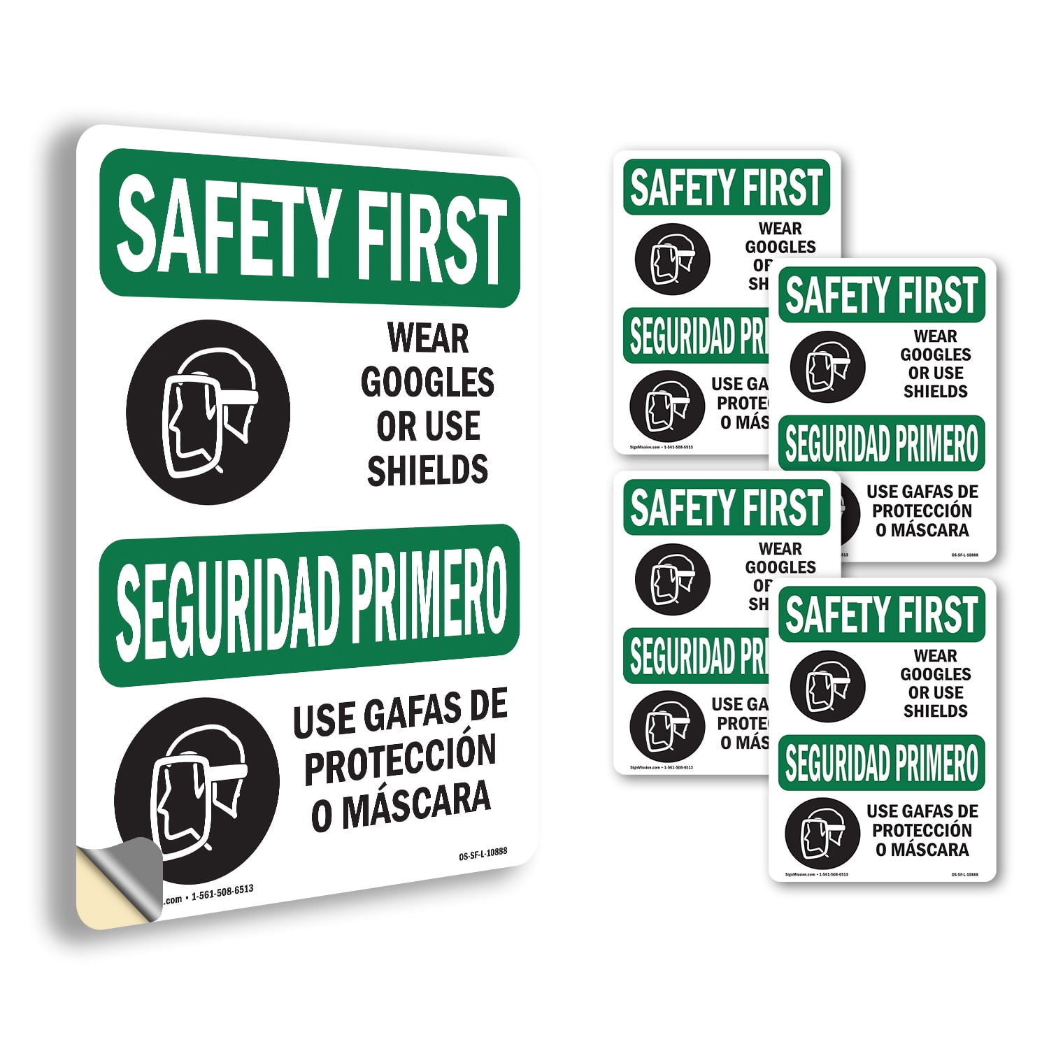 Wear Goggles Face Shield Bilingual OSHA SAFETY FIRST Vinyl Decal Label ...