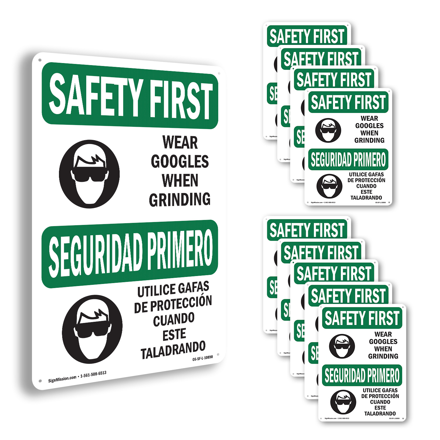 Wear Goggles When Grinding Bilingual OSHA SAFETY FIRST Aluminum Sign 24 ...