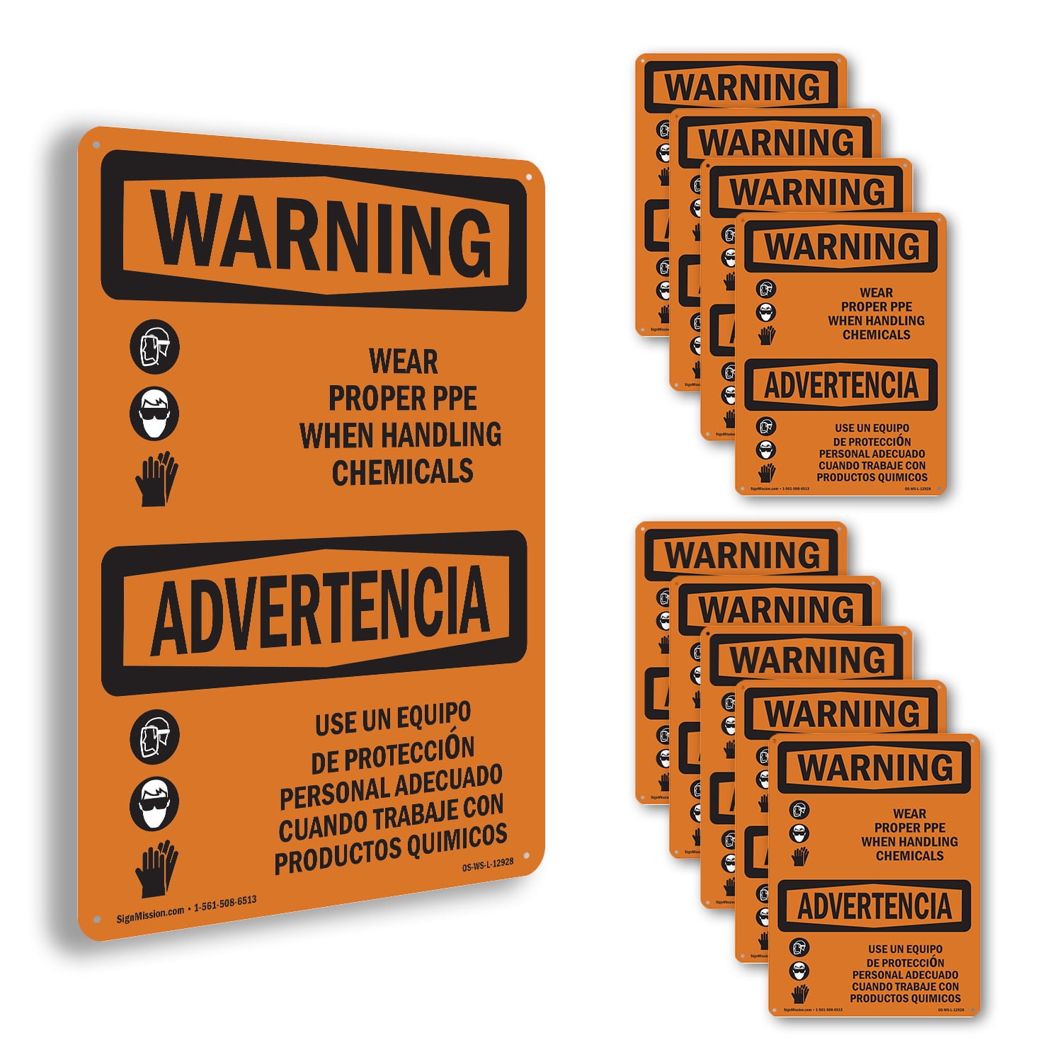 Wear PPE Handling Chemical Bilingual OSHA WARNING Aluminum Sign 14 Inch ...