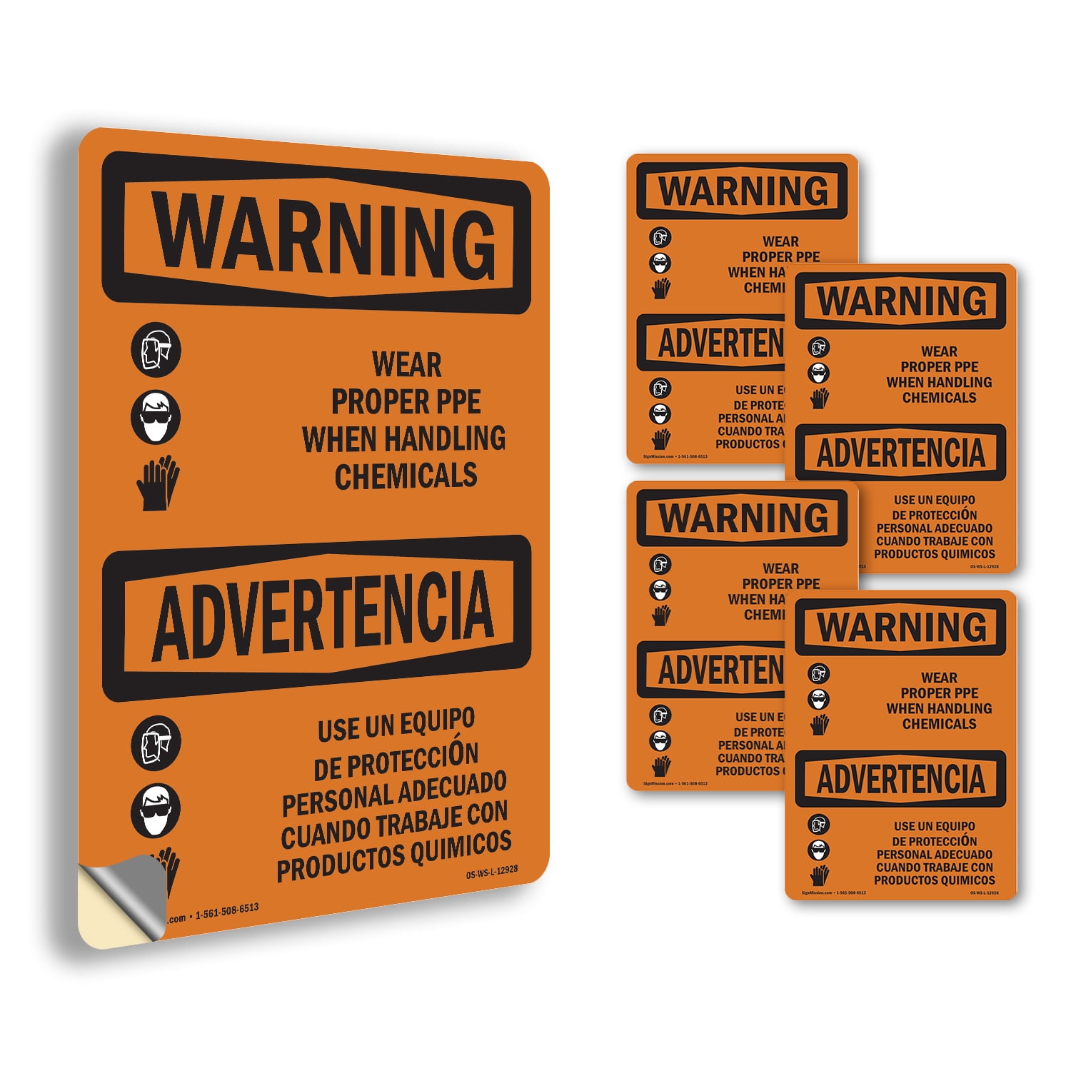 Wear PPE Handling Chemical Bilingual OSHA WARNING Vinyl Decal Label 18 ...
