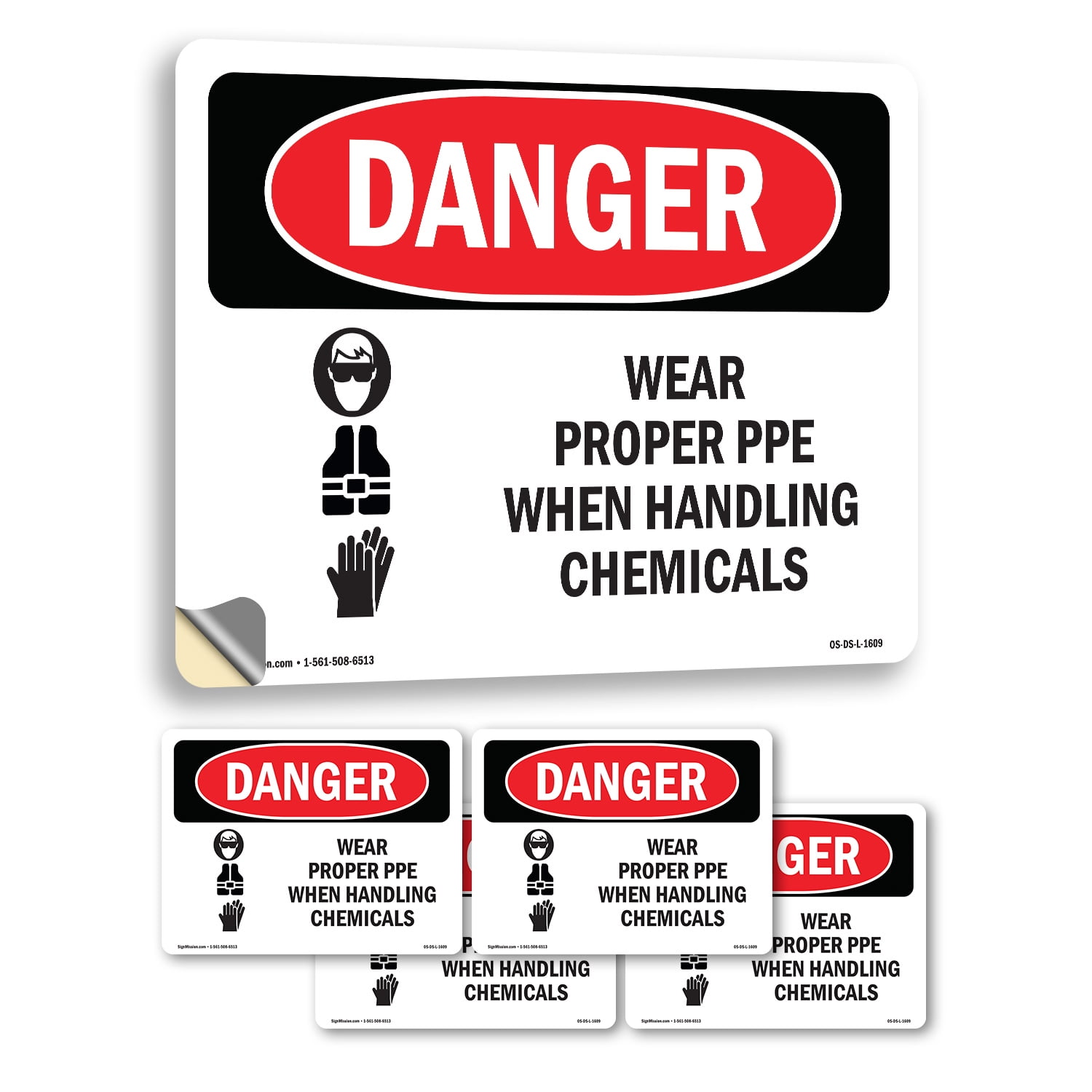 Wear Proper PPE When Handling Chemicals OSHA Danger Vinyl Decal Label 5 ...