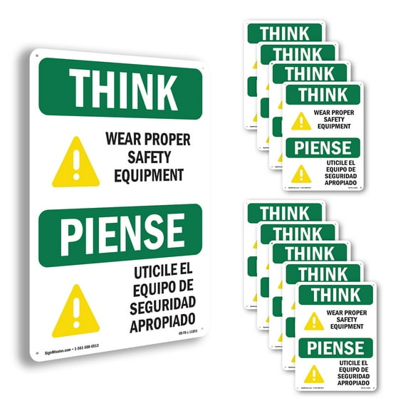 Wear Proper Safety Equipment Bilingual OSHA Think Rigid Plastic Sign 10 ...