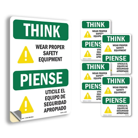 Wear Proper Safety Equipment Bilingual OSHA Think Vinyl Decal Label 18 ...