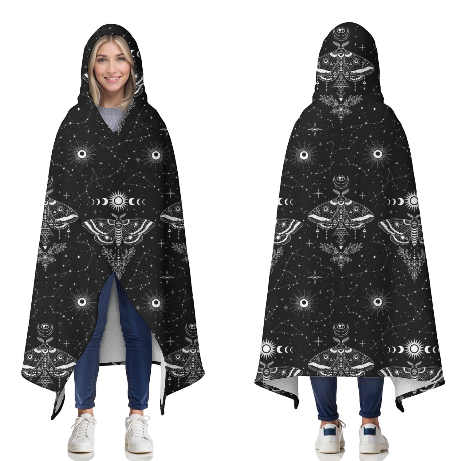 Wearable Blanket,Black White Gothic Moth Star Sun Moon Pattern Hooded ...