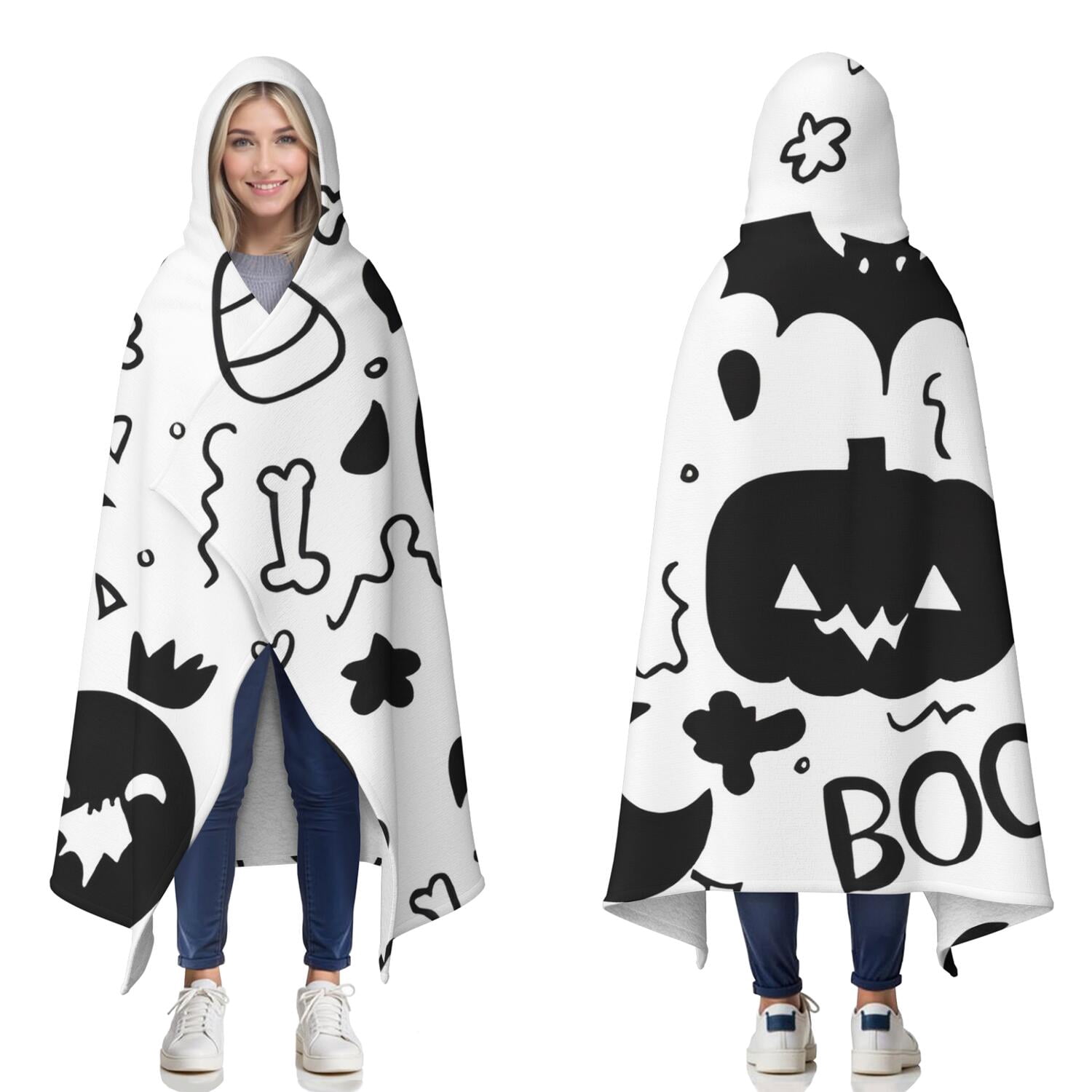Wearable Blanket,Black and White Halloween Doodle Pattern Hooded ...