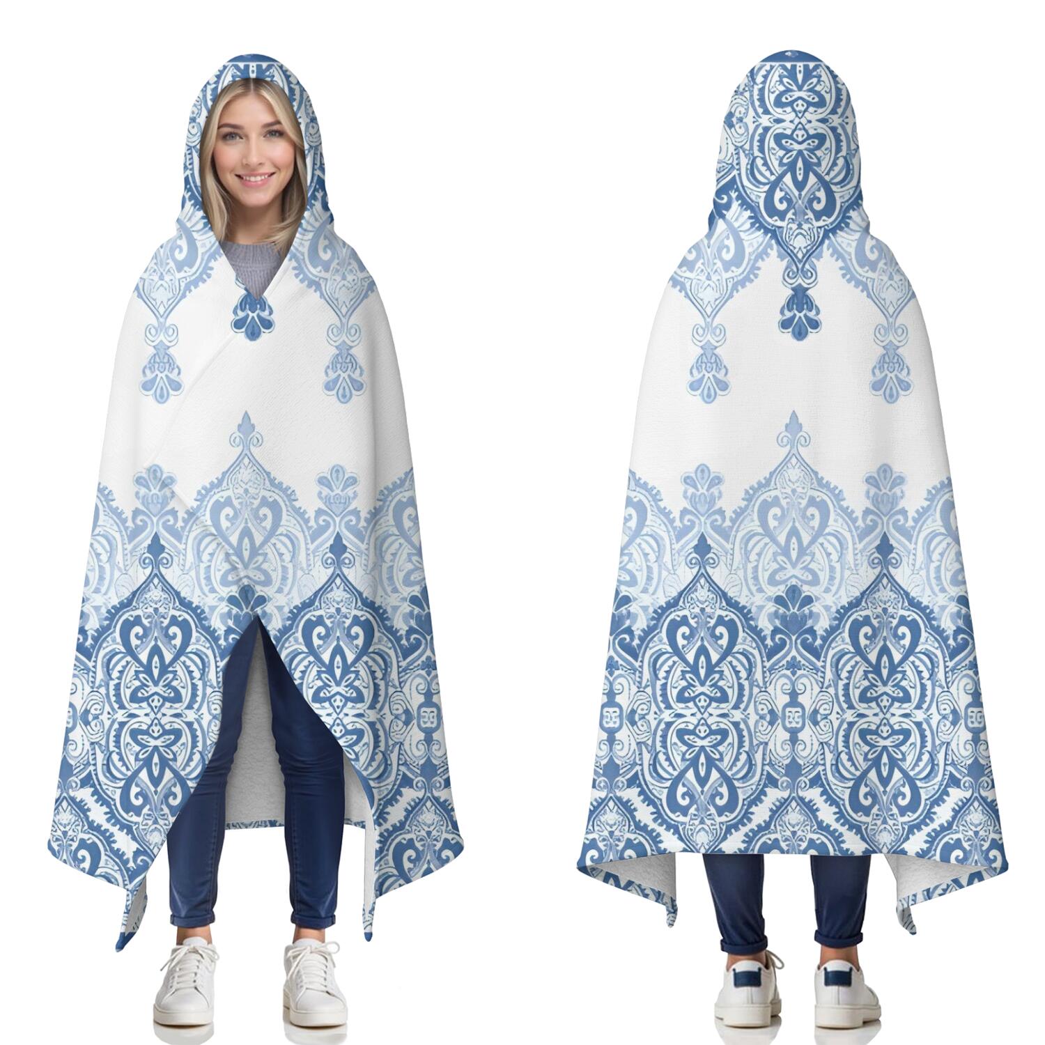 Wearable Blanket,Blue Ethnic Floral Border Pattern Hooded Wearable ...