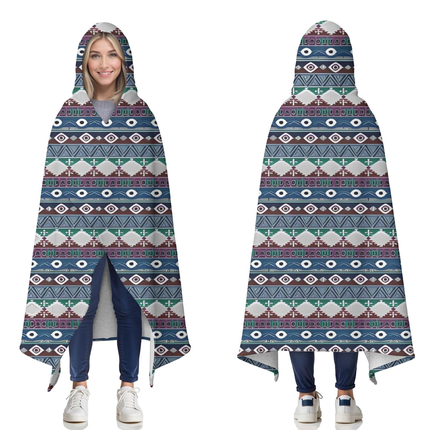 Wearable Blanket,Boho Ethnic Geometric Pattern Hooded Wearable Sherpa ...