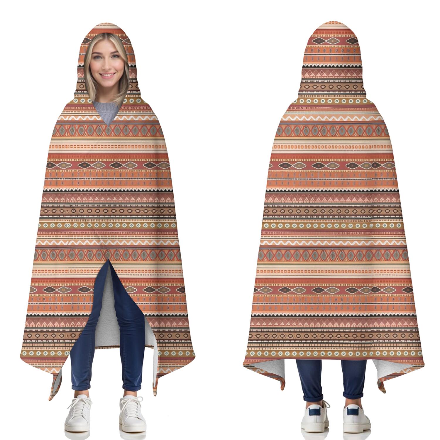 Wearable Blanket,Brown Geometric Striped Pattern Hooded Wearable Sherpa ...