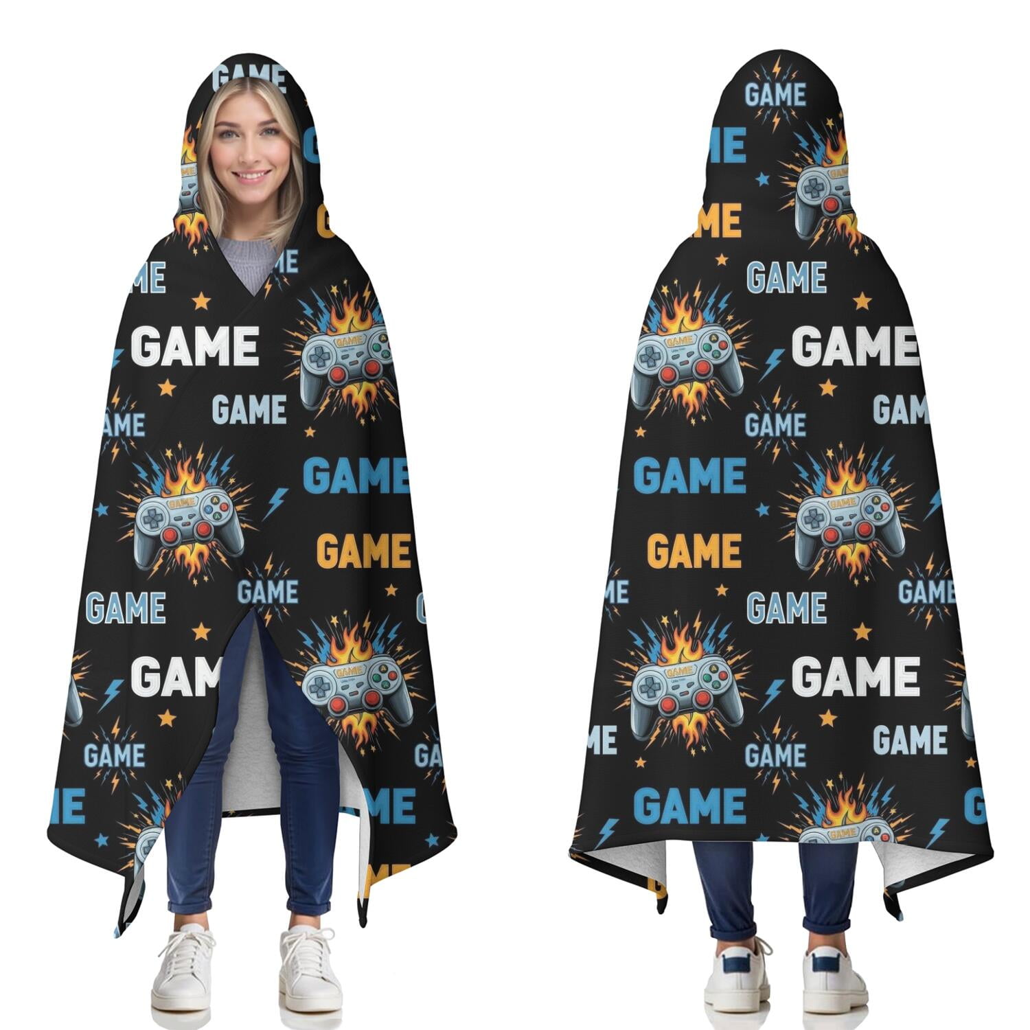Wearable Blanket,Colorful Controllers Games Flames Black Pattern Hooded ...